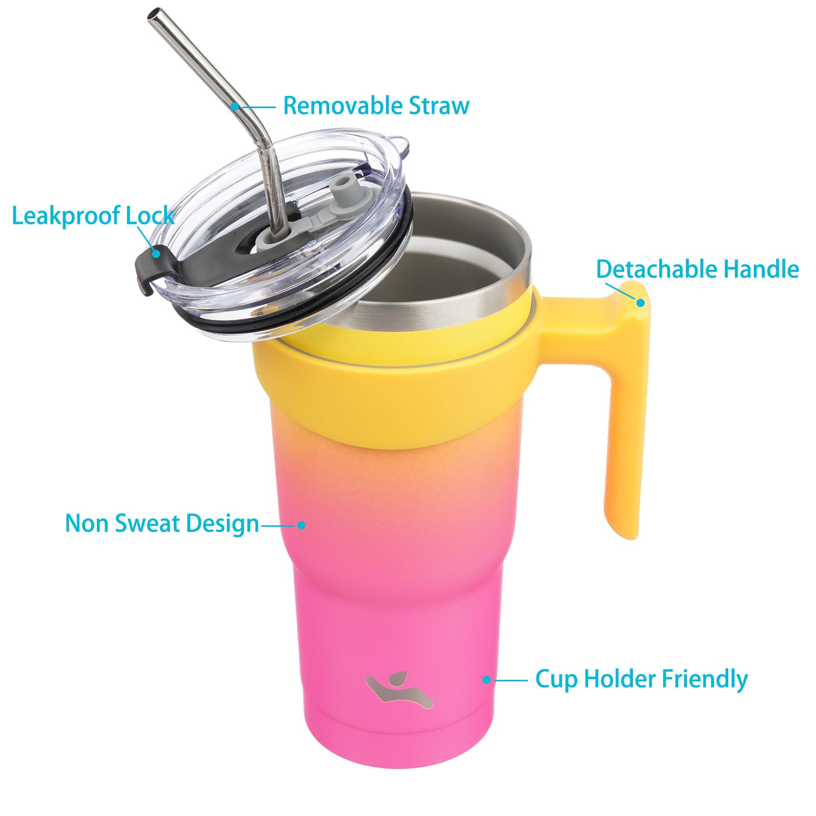 Konokyo 20oz Tumbler with Handle and 2 Straw 2 Lid, Insulated Water Bottle Stainless Steel Vacuum Cup Reusable Travel Mug,Rainbow