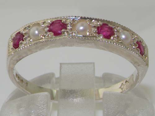 LetsBuyGold 925 Sterling Silver Cultured Pearl and Ruby Womens Band Ring - Sizes 4 to 12 Available