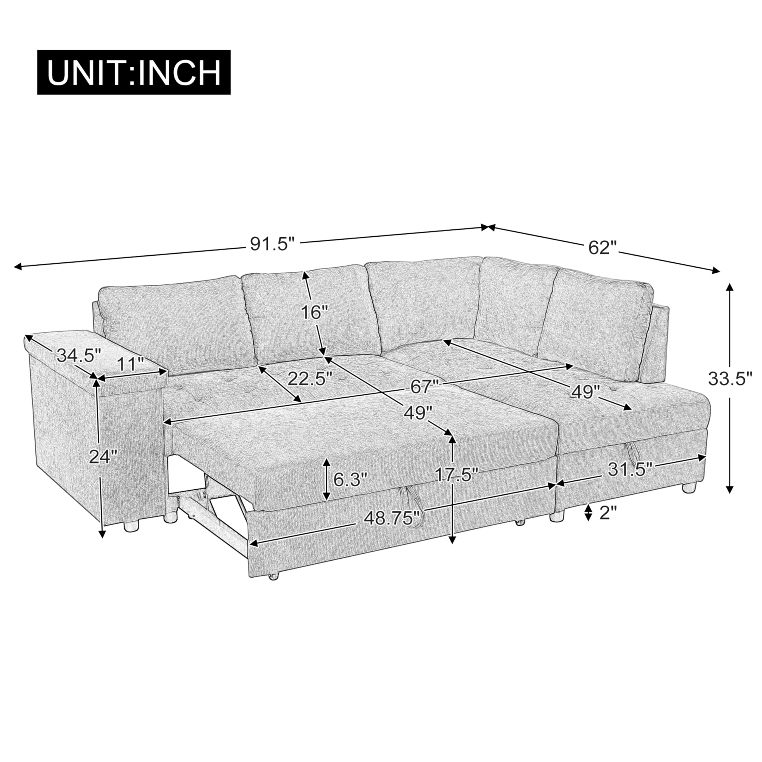 ZEIINPA 91.5β Modern Sleeper Sofa Bed, Linen Pull Out Couches with Storage Chaise, Comfy L-Shaped Sofa with Wooden Armrest Tray for Living Room, Apartment, Office, Studio, Home Theater-Grey