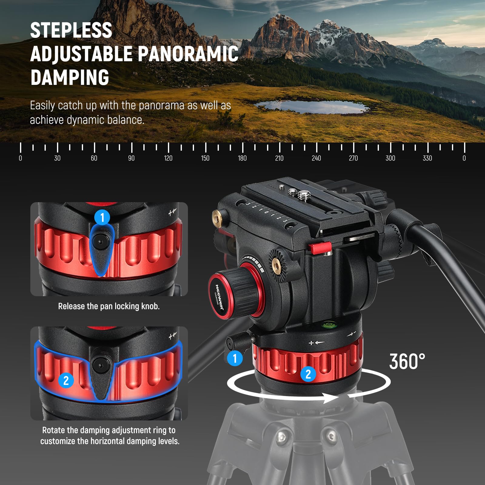 NEEWER Pro Video Tripod Fluid Head with Stepless Adjustable Pan & Tilt Damping, All Metal Heavy Duty QR Plate Compatible with DJI RS Gimbals Manfrotto, Handle, β75mm Base, Max Load 22lb/10kg, GM006