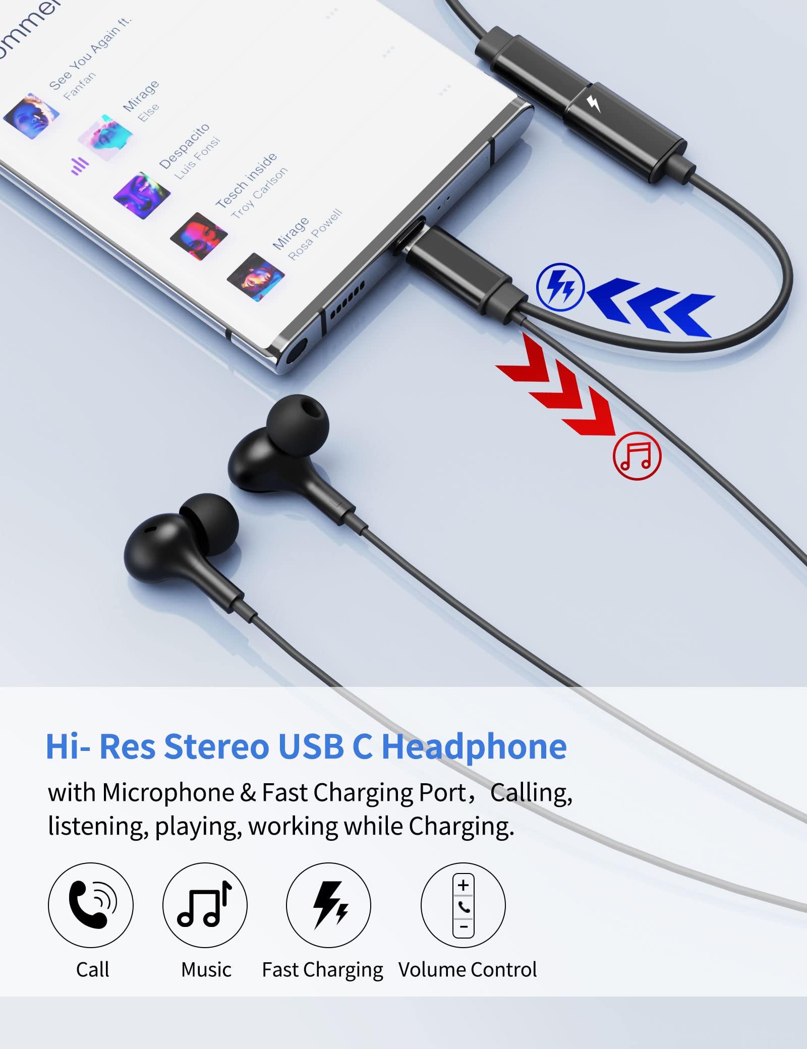 TITACUTE Usb C Headphone + Type C Charging Port for Samsung A53 Galaxy S23 Ultra S22 S21 S20 Google Pixel 6a 6 7 Earphone with Microphone Wired Earbud