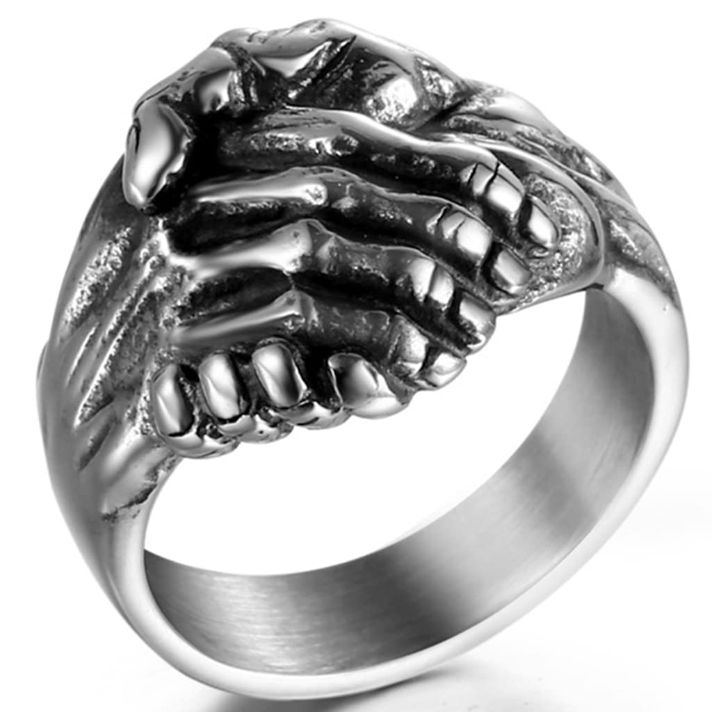 Retro Vintage Stainless Steel Hand Shaking Promise Statement Biker Cocktail Party Ring (Grey, 11)