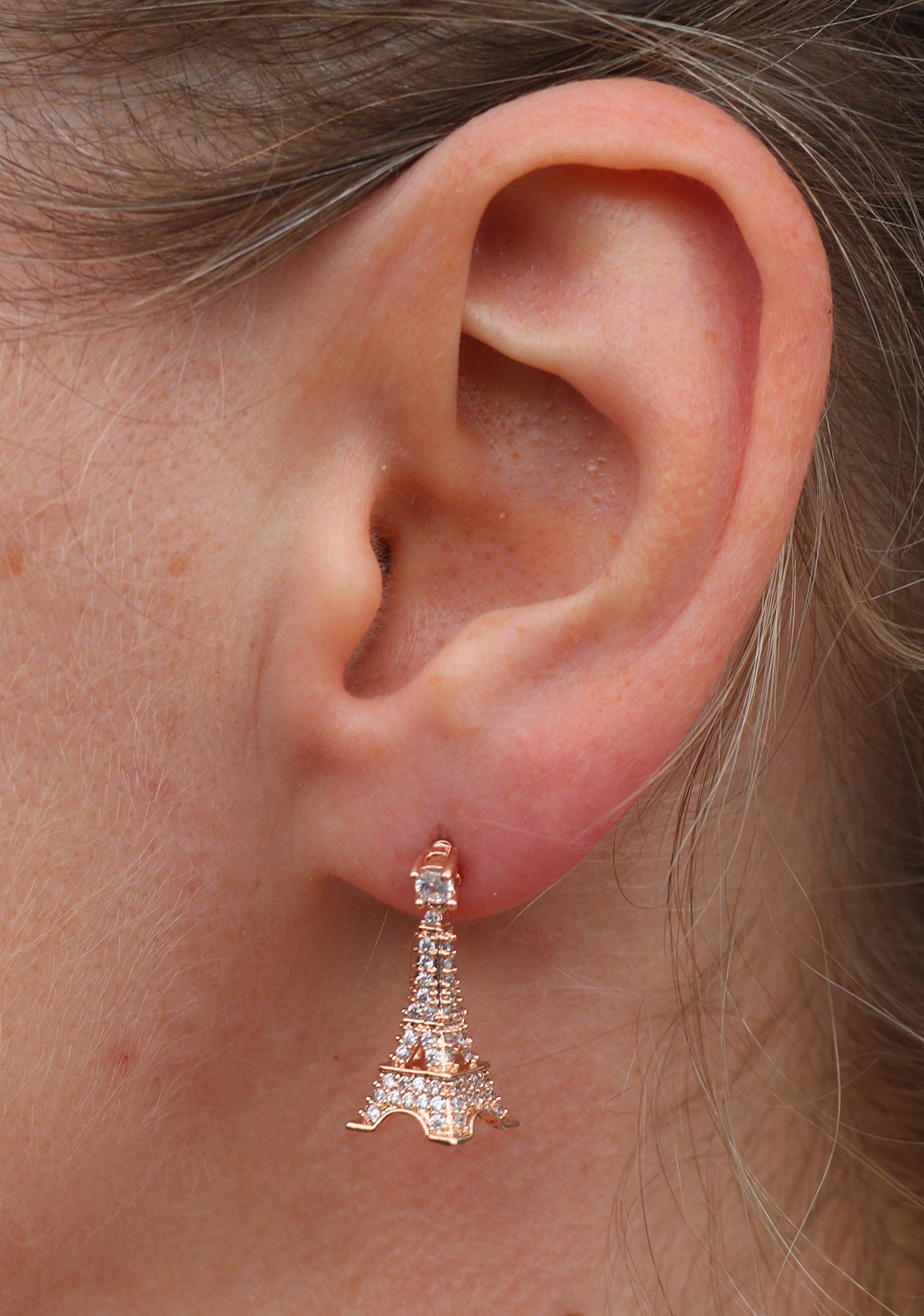 Love Paris Eiffel Tower Crystal Stud Dangle Earrings (Gold) Parisian Theme Pendant Fashion Women's Jewelry.