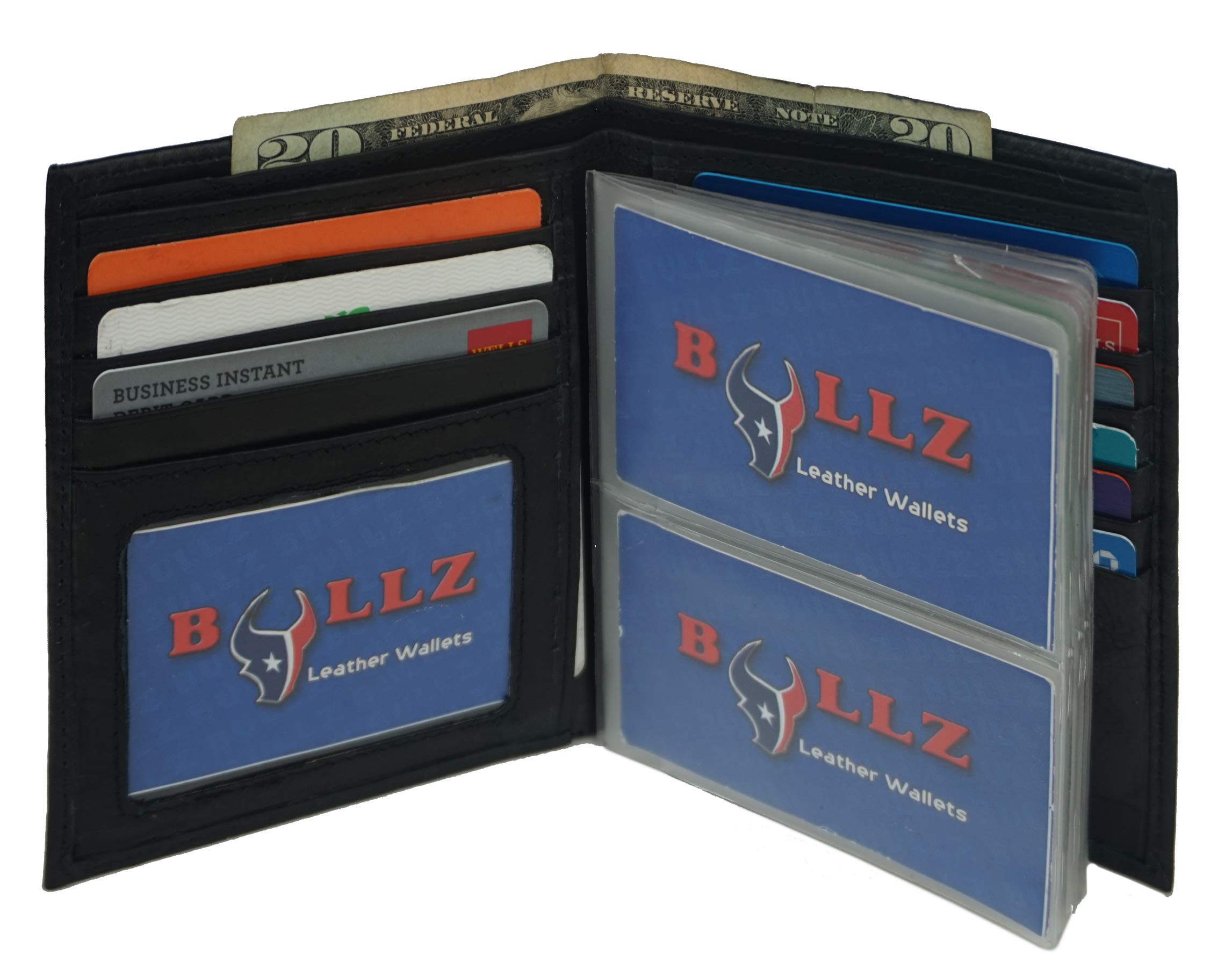 Leather European Bifold Hipster Mens Wallet With Heavy Duty Vinyl Wallet Insert (Black)