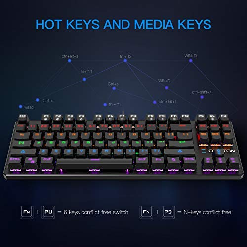 OMOTON Mechanical Gaming Keyboard, Blue Switch Rainbow Backlit Wired Keyboard, 87-Key Anti-Ghosting Tenkeyless Keyboard for PC, Desktop, Gamer Computer, Black