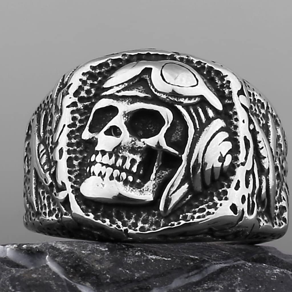 Retro Vintage Stainless Steel Skull Gothic Pirate Pilot Biker Halloween Party Punk Ring (Silver, 12)