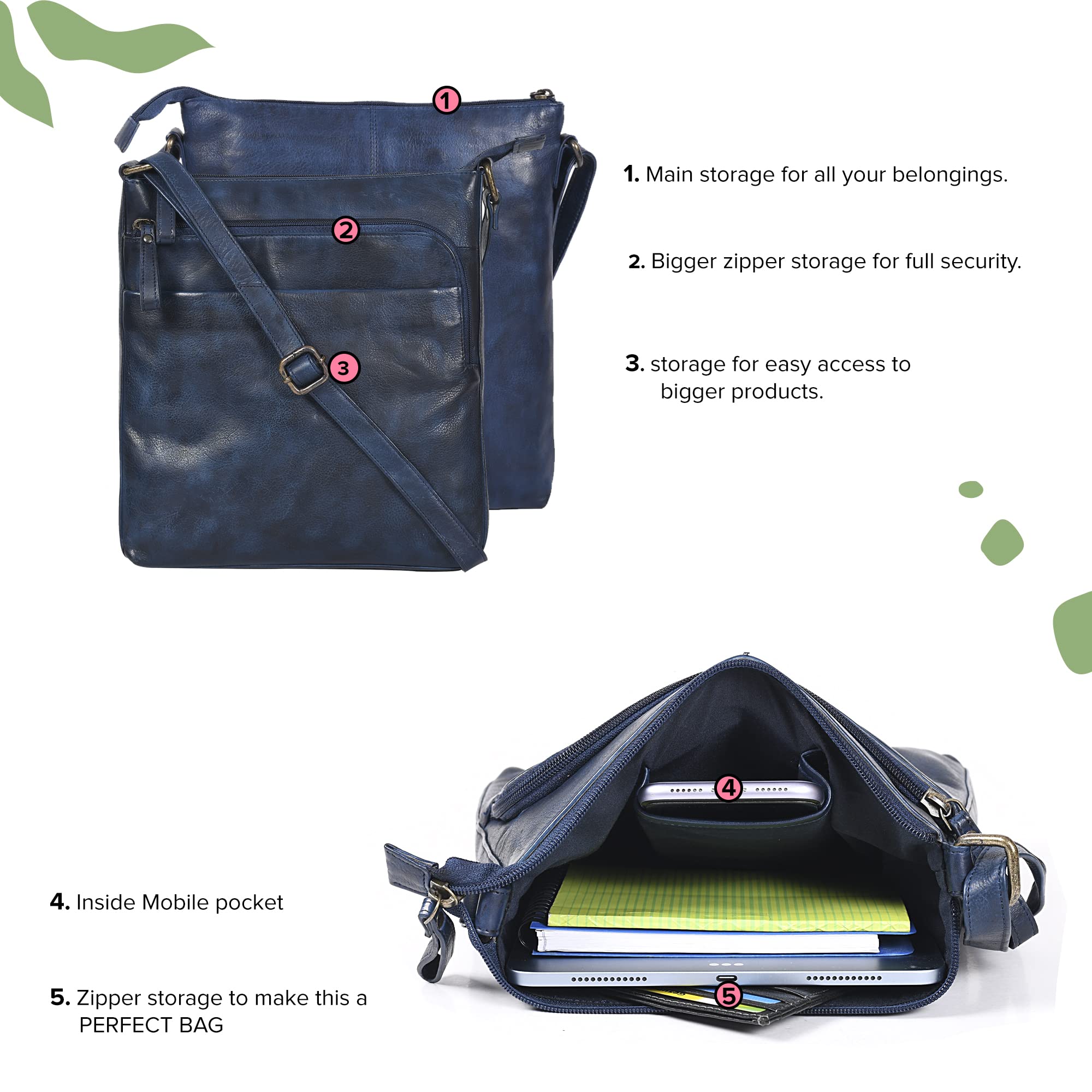Real Leather Crossbody Bags For Women β Sling Bag Cross over Purse With Adjustable Shoulder Strap Medium Size Front Zipper (Dark Blue)