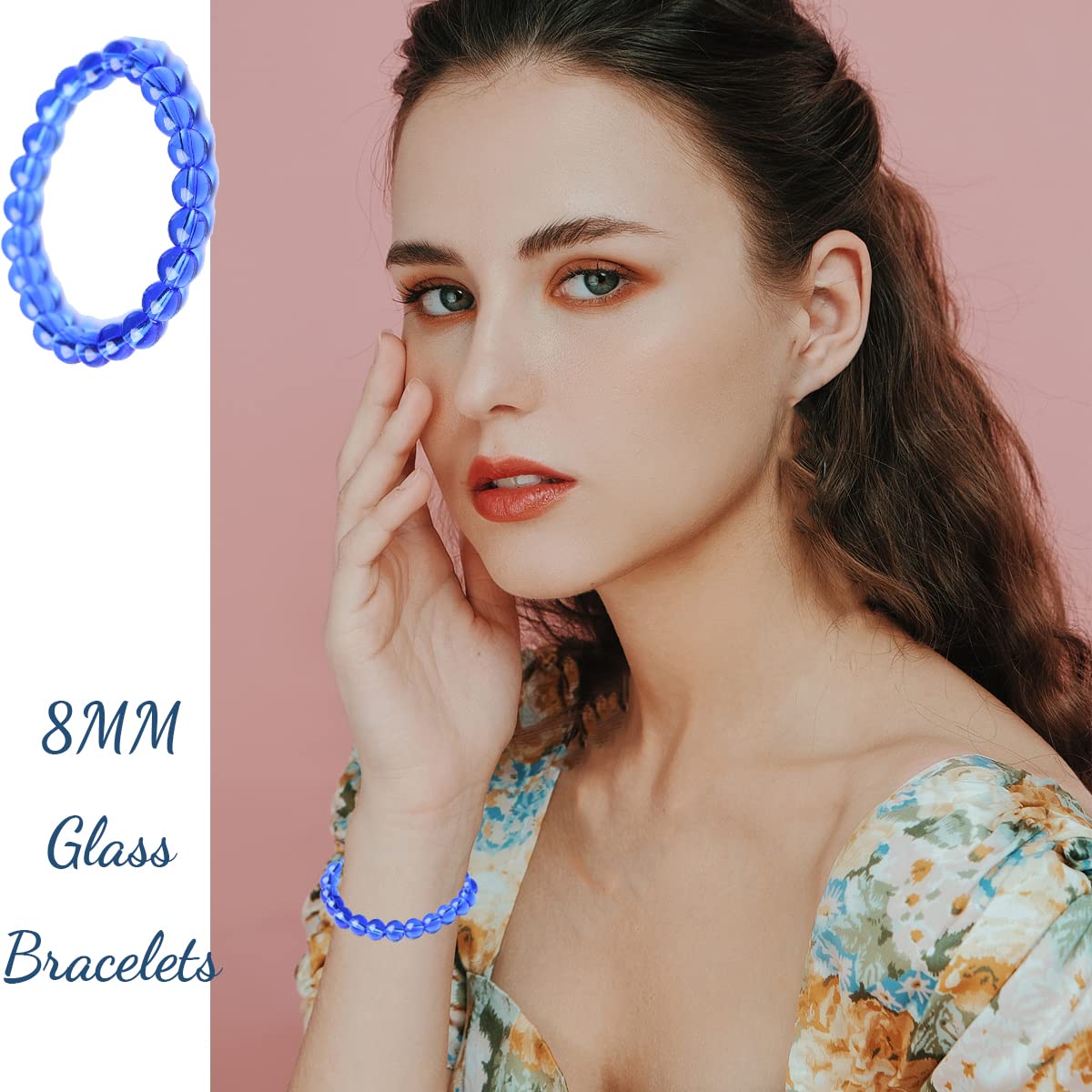 SROBENZ 15 PCS Crystal 8mm Round Beaded Bracelet Set Healing Glass Stretch Bracelets for Women Men Round Beads Elastic Bracelets