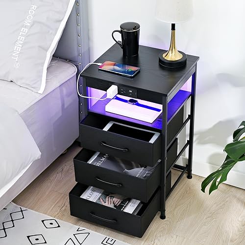 LOAKEKEL Night Stand Set 2, LED Nightstand with Charging Station, End Tables with USB C Port and Outlets, Bedside Table with 3 Storage Fabric Drawers for Bedroom, Small Space, Black, HNS023BK