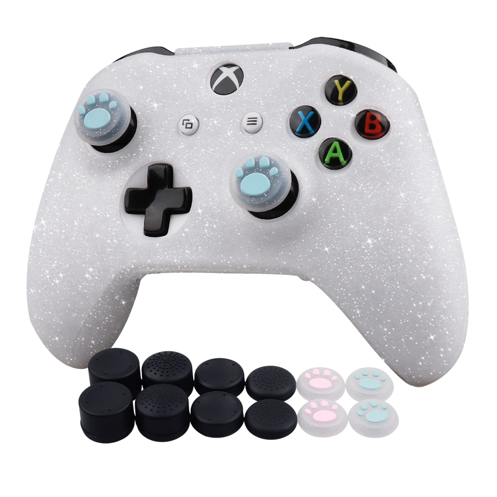 RALAN Glitter Controller Skin for Xbox One, Anti-Slip Silicone Controller Cover Protector Compatible for Xbox 1 Wireless/Wired Gamepad Joystick with 4 Thumb Grips Caps and Black Pro Thumb Grip x 8