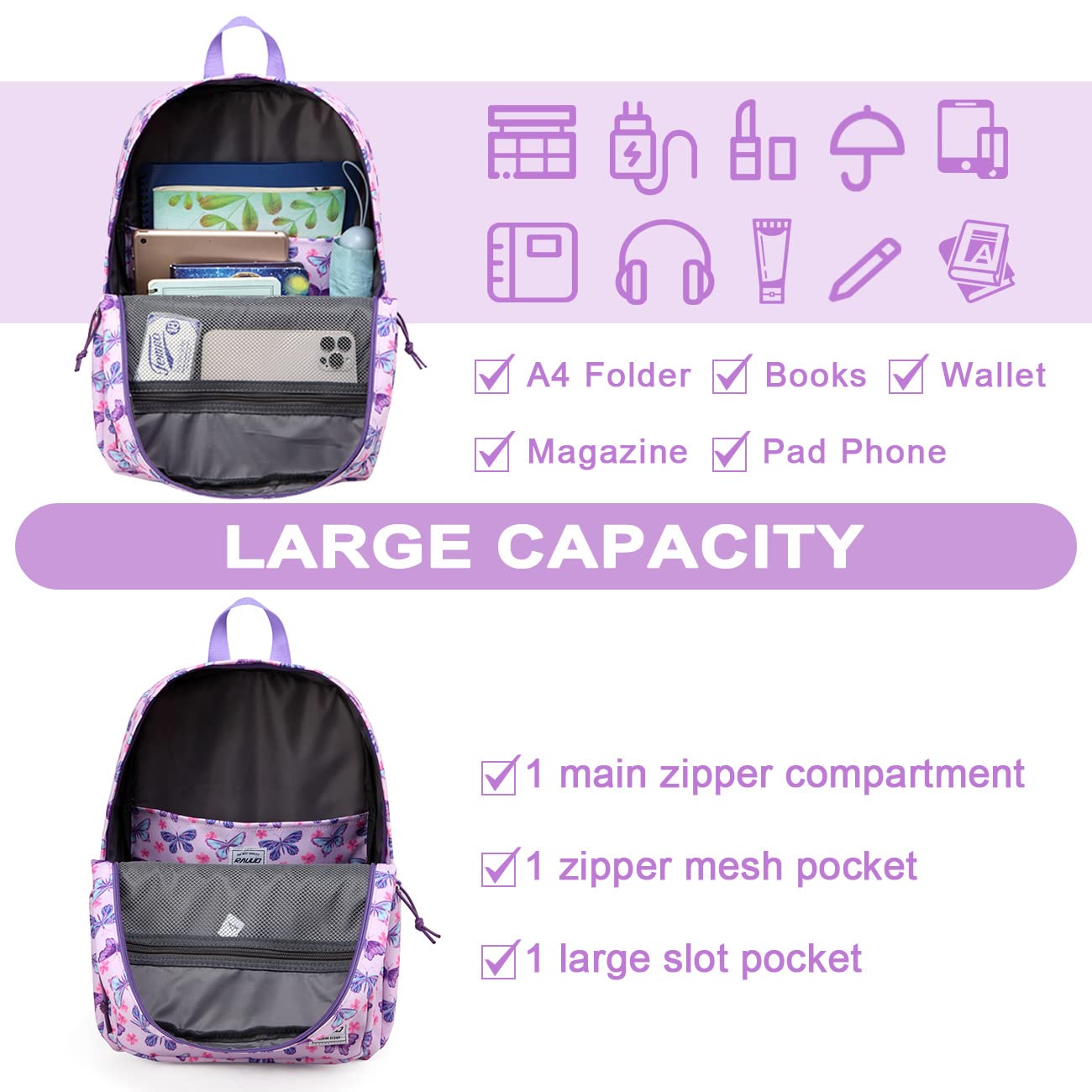 RAVUO Lightweight Butterfly School Backpack Bookbag and Lunch Bag Box Lunchbox Set for Girls