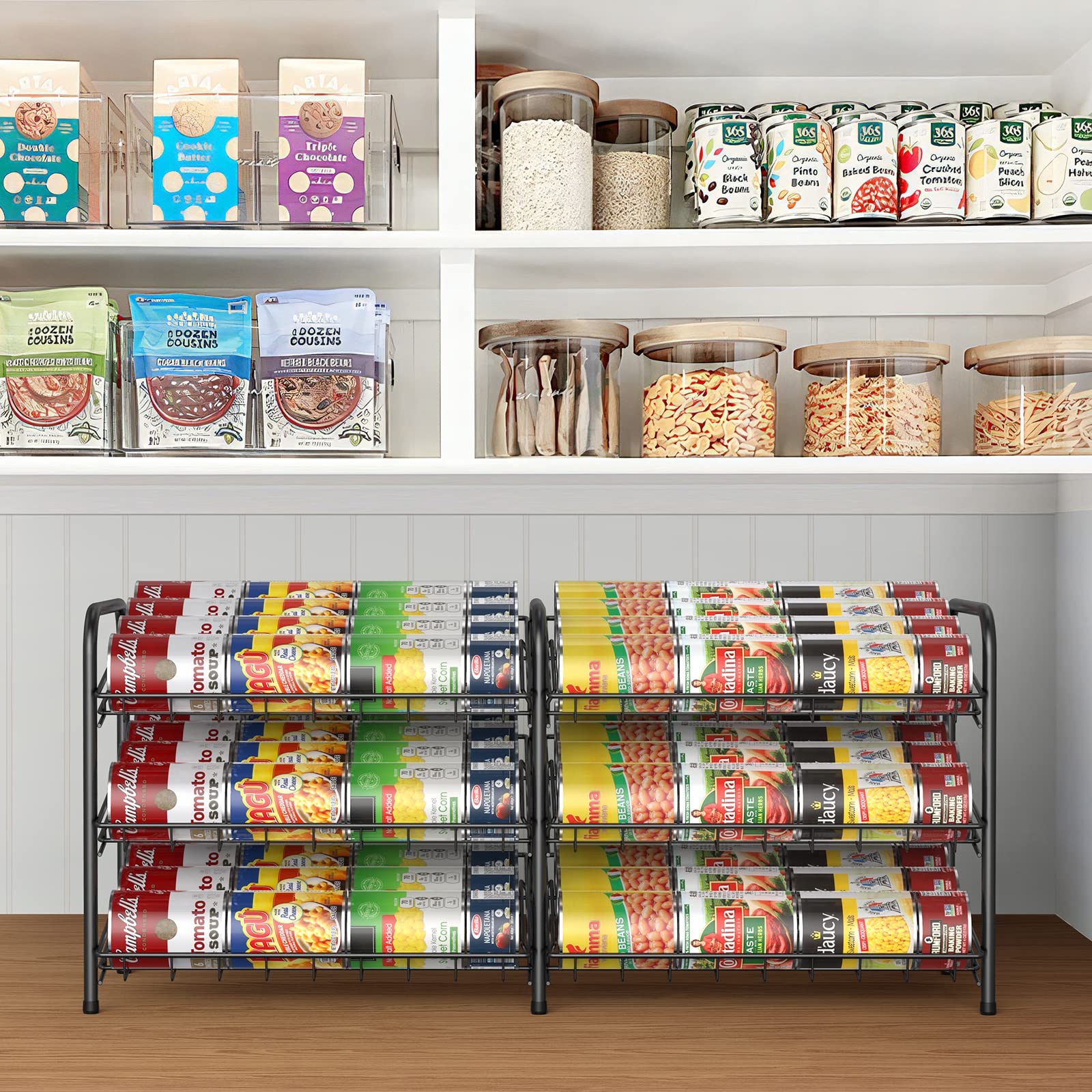 MOOACE Can Rack Organizer, 2 in 1 Can Storage Dispenser Holds up to 72 Cans, Can Organizer for Pantry Kitchen Cabinet, Black