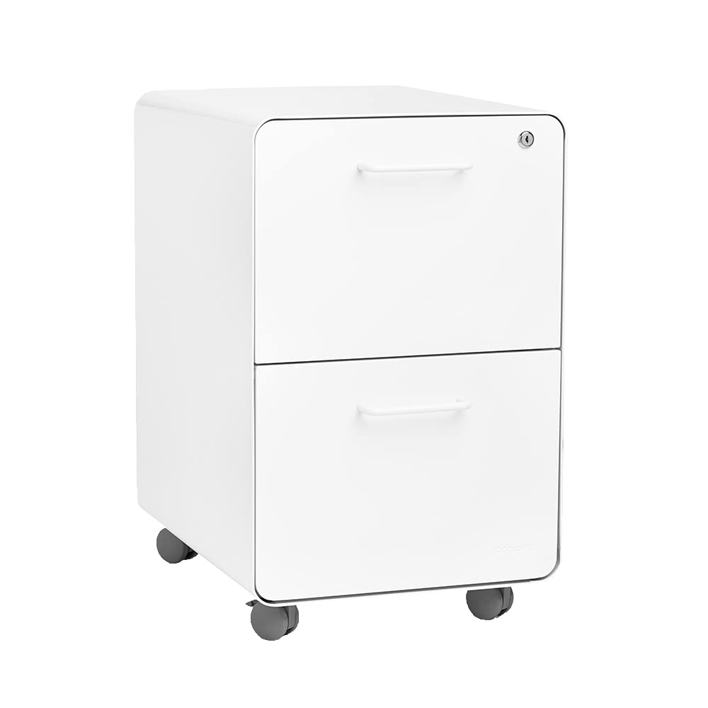 Poppin Stow 2-Drawer File Cabinet - White. Powder-Coated Steel. Legal/Letter Sized Drawers. Two Locking and Two Non-Locking Wheels. Two Keys Included. 1 Lock for Both Drawers