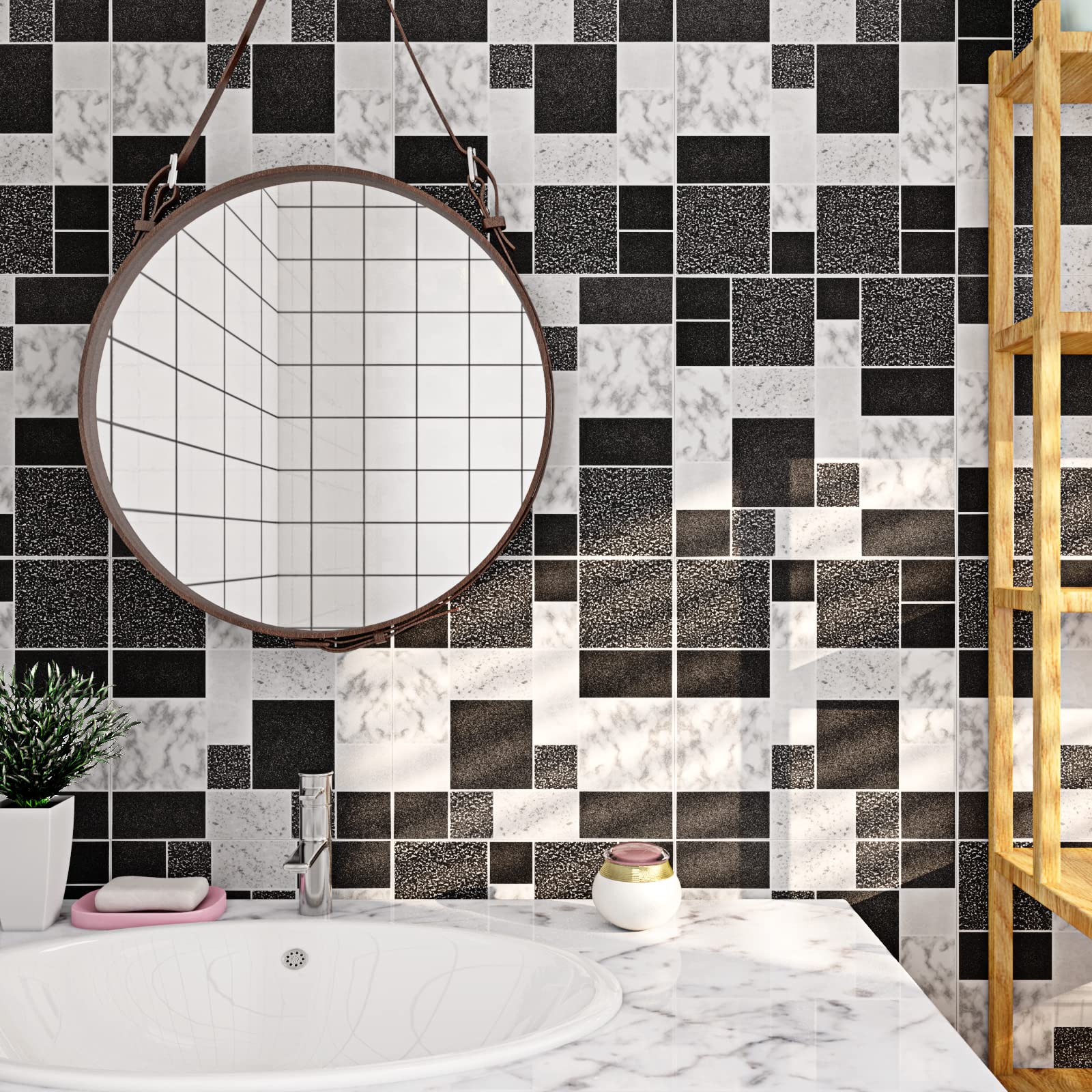 Livelynine Black and White Peel and Stick Floor Tile Bathroom Modern 4pcs 12x12" Grey Marble Self Adhesive Floor Tiles Peel & Stick Waterproof Vinyl Flooring Stick on Tile Floor Sheets Kitchen Shower