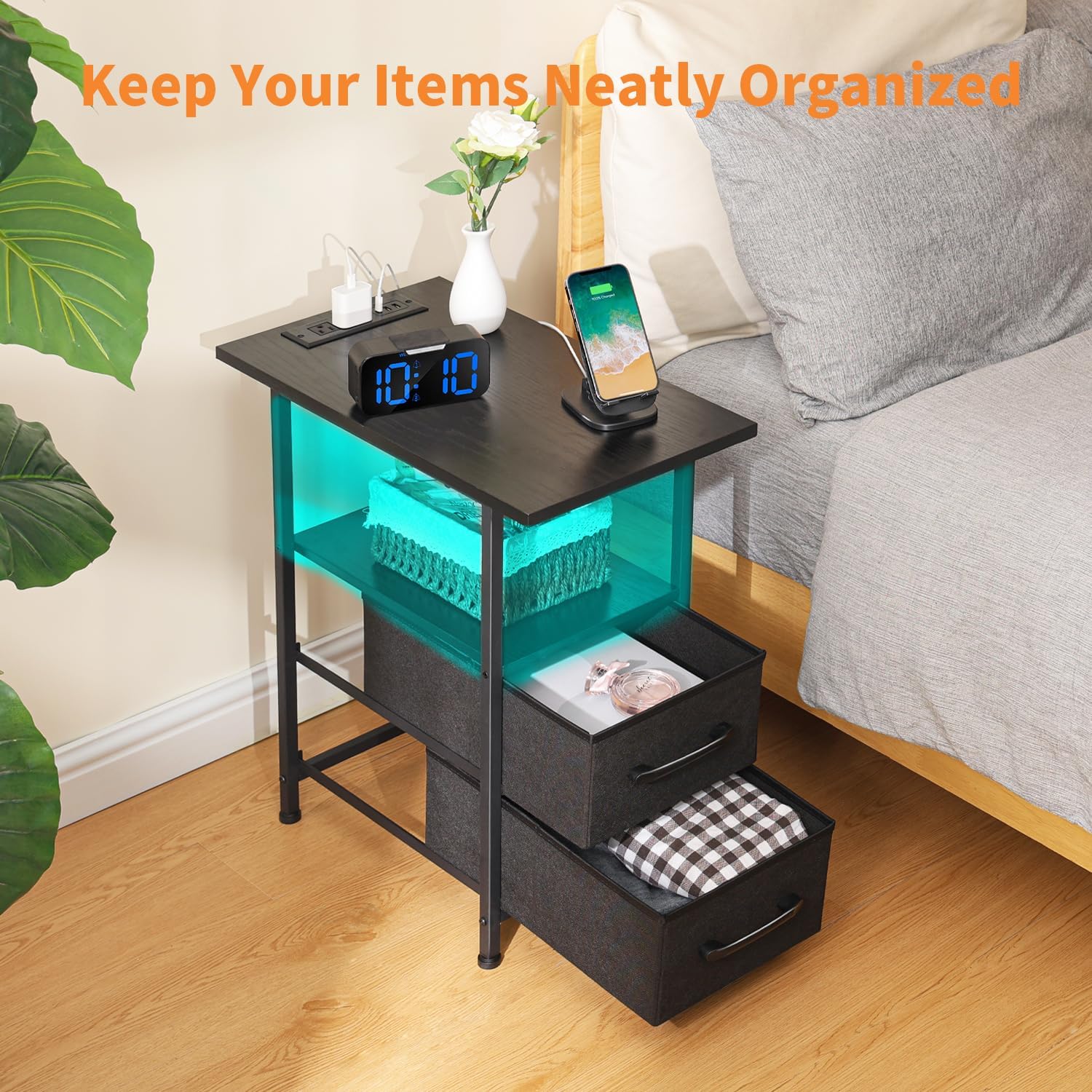 LAKEMID Narrow Side Table Set 2 with LED Light and USB C Port, Night Stand with Charging Station, Skinny End Table with 2 Fabric Drawers, for Bedroom, Living Room, Black