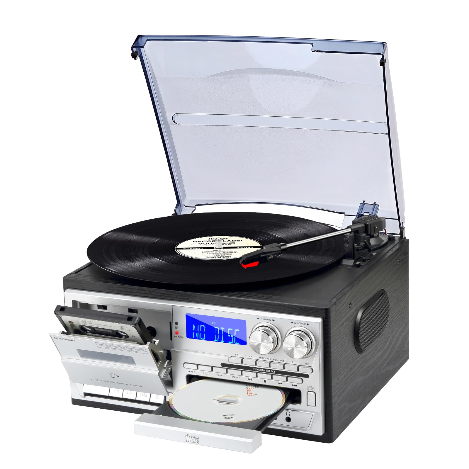 MUSITREND 9 in 1 Record Player 3 Speed Vinyl Turntable with Bluetooth AM FM Raido Cassette CD USB SD Play Bulit-in Stereo Speakers Aux in RCA Line Out (Black)