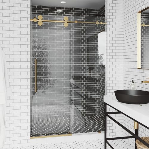 VIGO Adjustable 56-60" W x 74" H Elan Frameless Sliding Shower Door with Clear Tempered Glass, Reversible Handle in Matte Brushed Gold