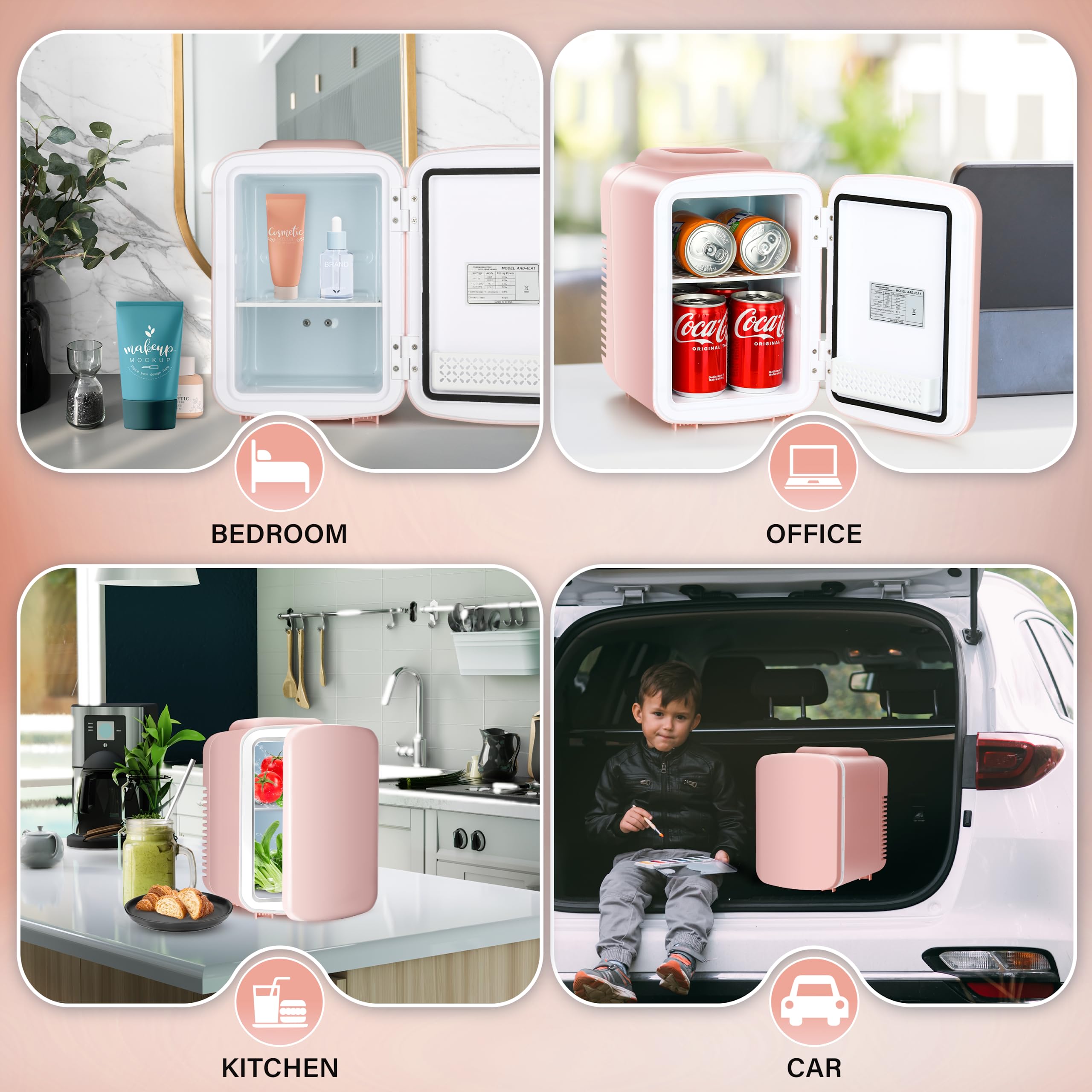 Simple Deluxe Portable Mini Fridge, 4L/6 Can Cooler and Warmer Compact Refrigerator for Skincare, Cosmetics, Beverage, Food, 110V AC/12V DC, for Bedroom, Office, Car, Dorm, Freon-Free, Pink