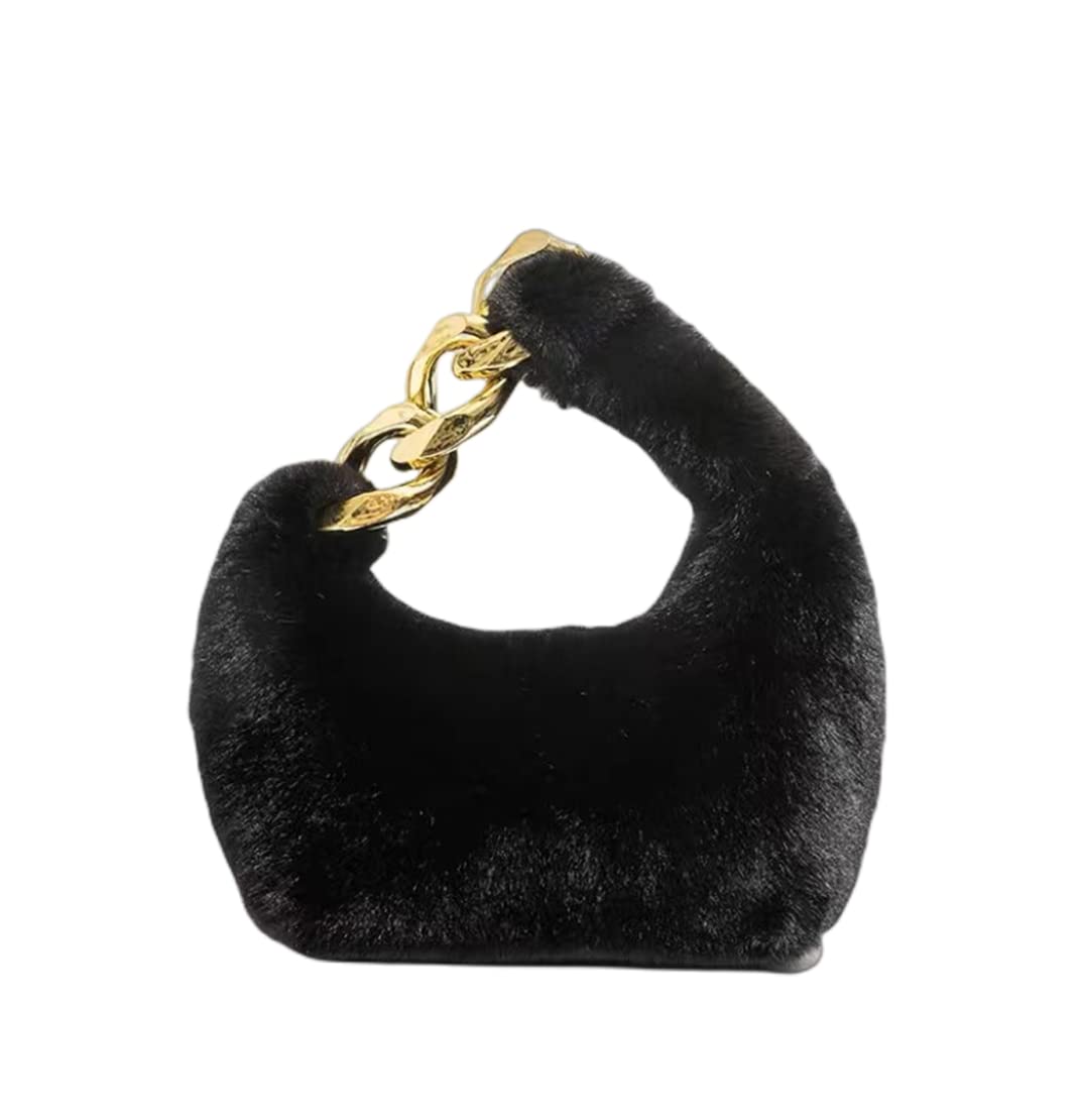 SsgdmnQ Women's winter black casual plush fashion metal chain cute handbag
