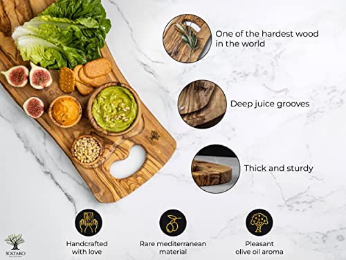 SOLTAKO Olive Wood Cutting Steak Board, Wooden Charcuterie Board, Large Cheese Board, Hand Made Serving Platter, Rustic Chopping Board with Juice Groove, Chopping Board with Handle (17,7")