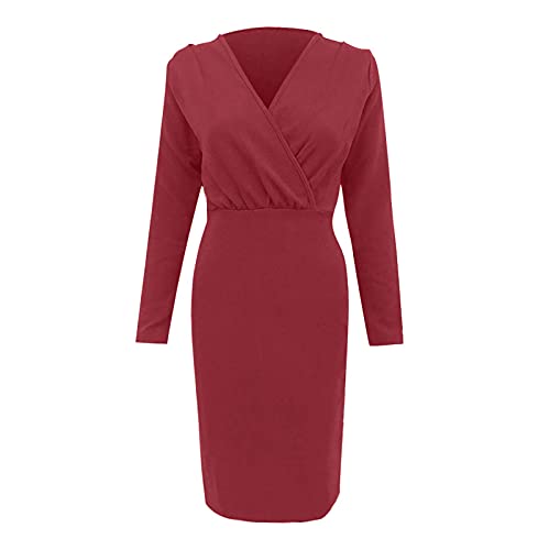 Pinkpaopao Elegant Empire Waisted Slim Dress for Women Ruched Deep V Neck Wrap Dress Solid Color Back Split Midi Dress