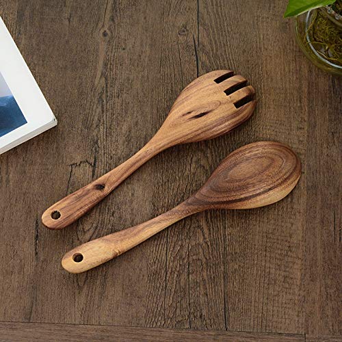 MEGIMA Spoons, Large Wooden Spoon Set, Big Salad Serving Spoon Fork Natural Wood Tablespoon Long Handled Cooking Spoon, Kitchen Utensils