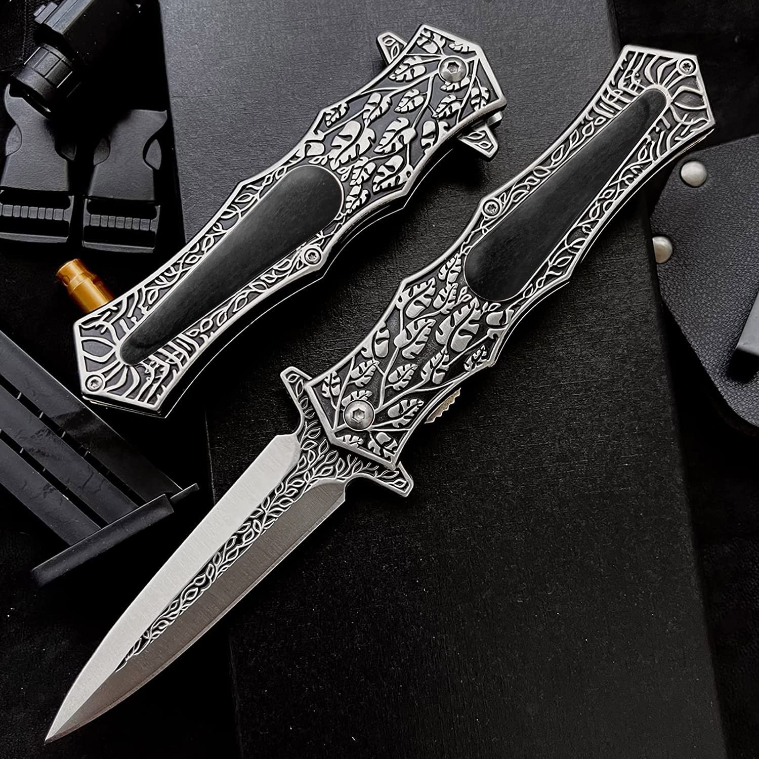 NAXFUSS Camping Tactical Japanese Pocket Knife with Leaf Patterned Wooden Handle and Clip - 8.9" EDC Hunting Survival Folding Knife with Clip, Unique Gifts for Men