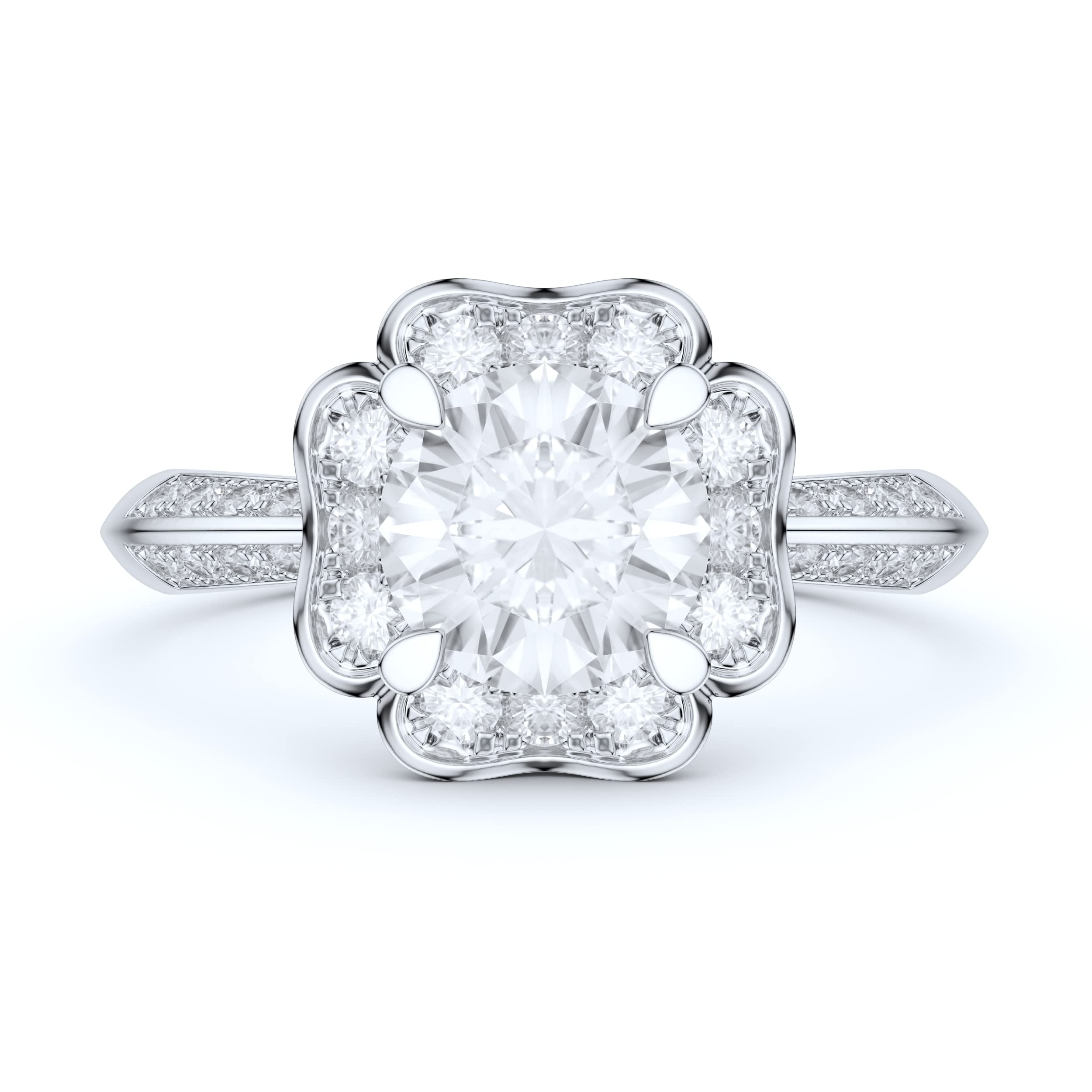 PRSTANI Real 14k White Gold Romantic Flower Like Clovers Halo 4-Prong Set 1.0 CT Simulated Diamond Engagement Ring (6.5)
