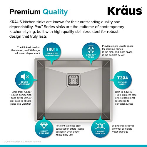 KRAUS Pax 22 1/2-inch 16 Gauge Undermount Single Bowl Stainless Steel Kitchen Sink, KHU23, Satin