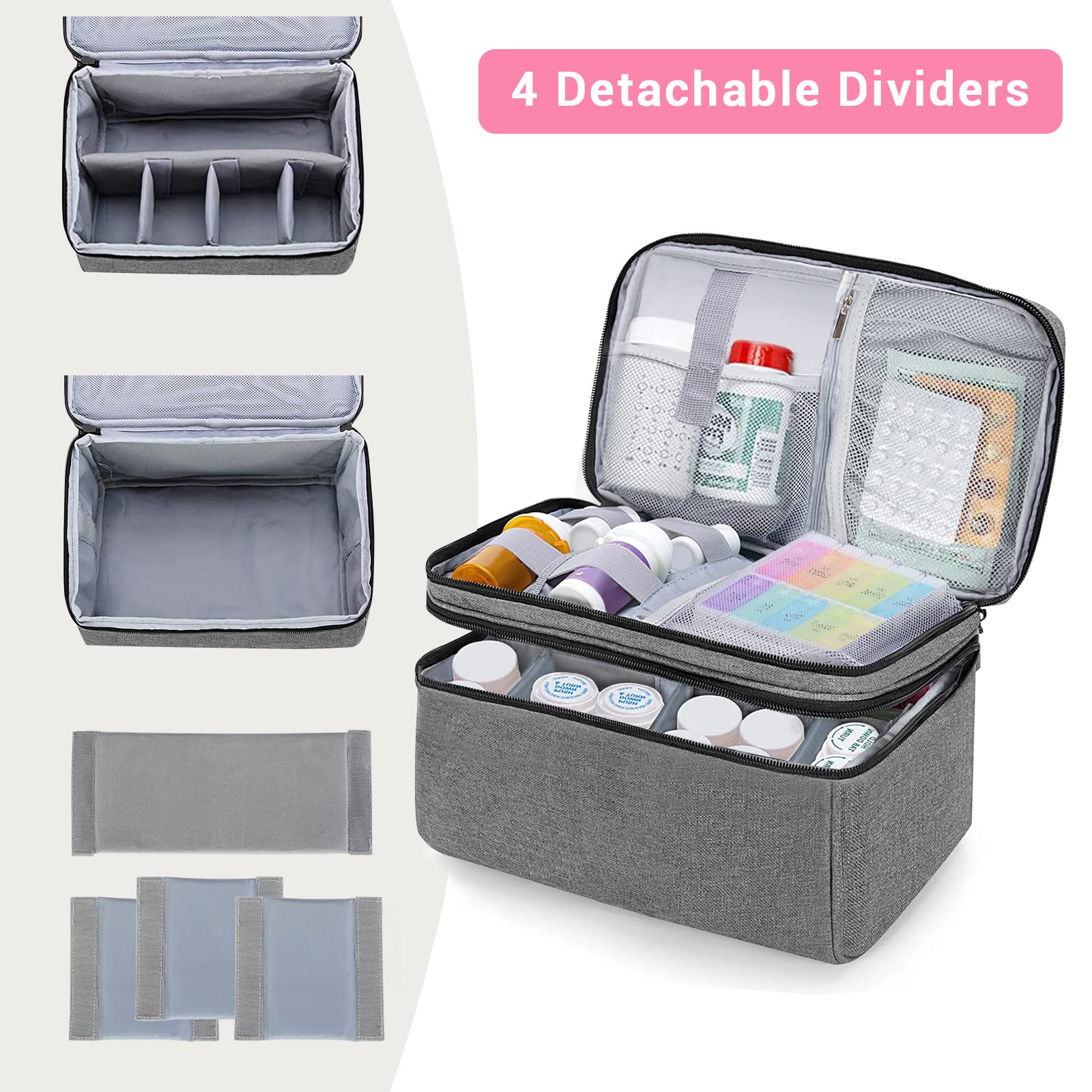 Medicine Organizer and Storage Bag Empty, Family First Aid Box, Pill Bottle Organizer Bag for Emergency Medication, Supplements or Medical Kits, Zippered Medicine Bag for Home and Travel(Gray)