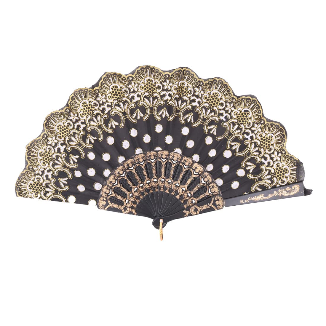 Qtqgoitem Polyester Flower Printed Festival Dancing Folding Handle Fan 23.5cm Length Black (model: 37a 474 d61 5a3 ec8)