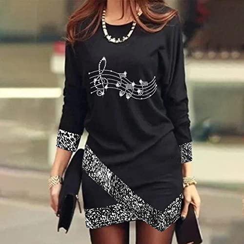 Pinkpaopao Irregular Hem Loose Dress for Women Patchwork Long Sleeve Mini Dress Rhinestone Pattern O Neck Shift Dress
