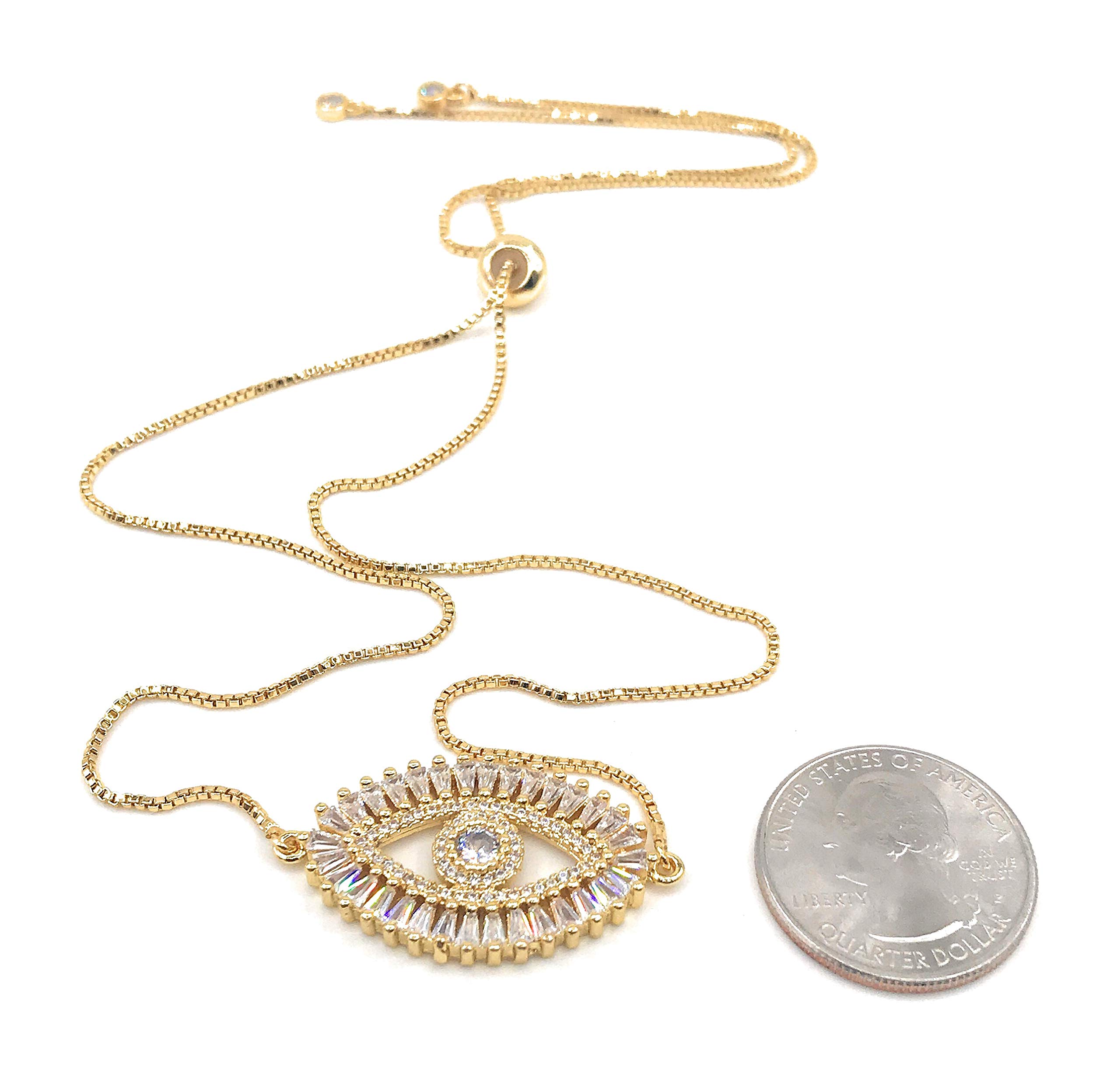 LESLIE BOULES Gold Evil Eye Necklace 18K Gold Plated Sliding Adjustable Chain Choker Jewelry