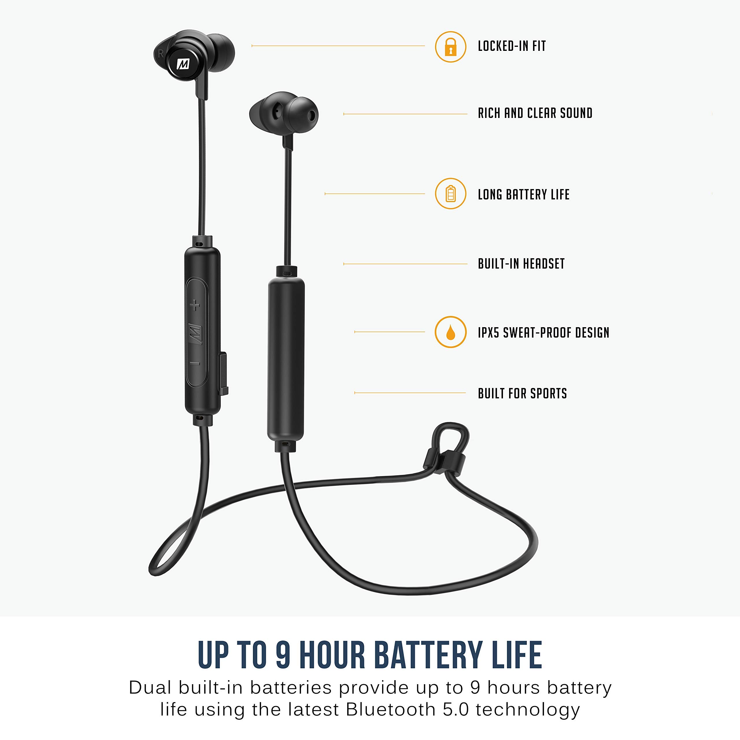 MEE audio M9B Bluetooth Wireless Sweatproof in-Ear Headphones with Headset (Bluetooth 5.0; 9 Hour Battery Life) (Renewed)