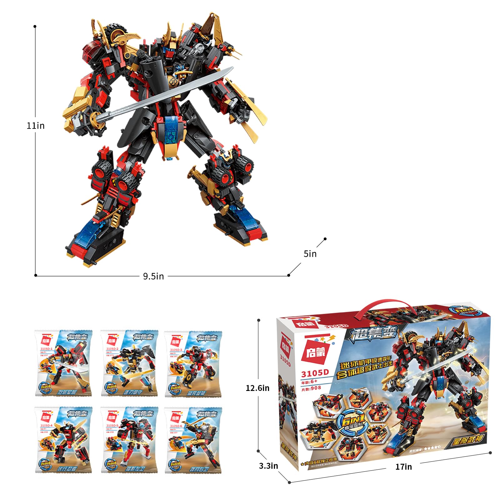 LITTLE FROGGY STEM Robot 6-in-1 Transformation Mech Warrior Vehicles Building Block Kit Compatible with Lego Bricks Excellent Gift for 6-12 Years Old Boys(908 PCS)
