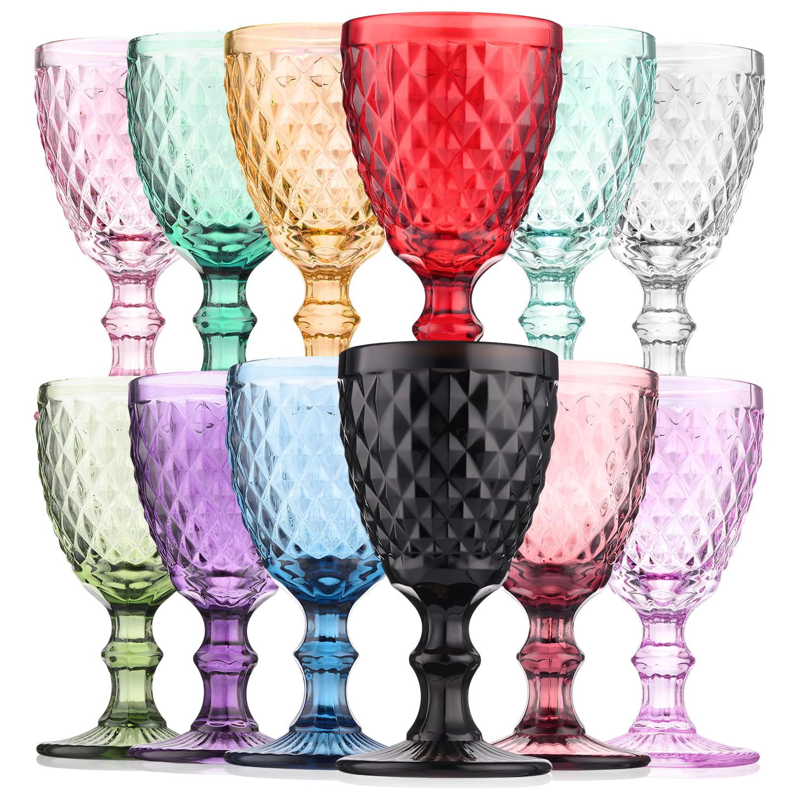 meekoo 12 Pack Multi Colored Glass Goblets Vintage Wine Glass 8 oz Embossed Drinking Glasses with Stem Stemmed Glassware for Wedding Banquet Feast Party, 12 Colors