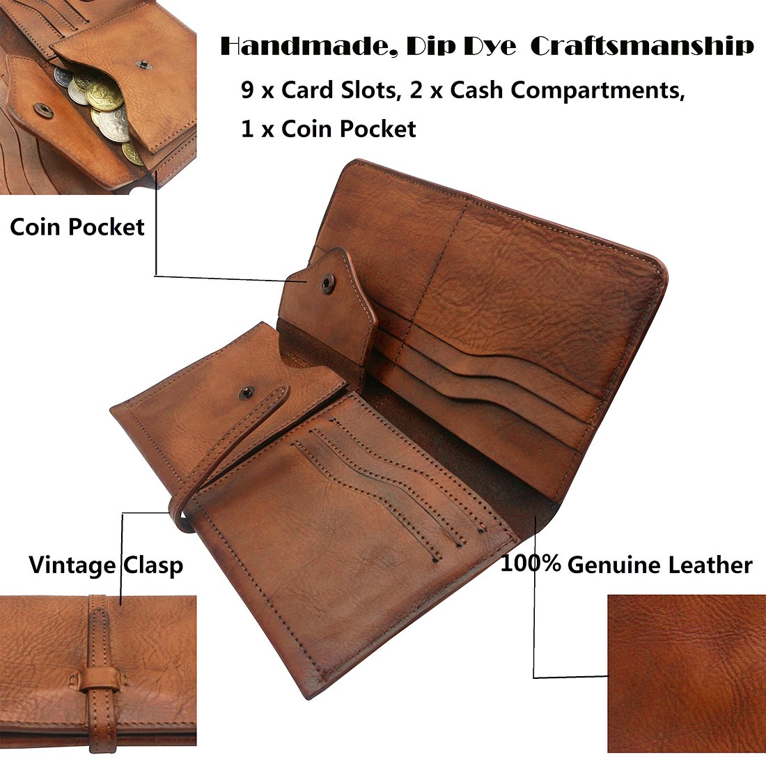 LETEULO Wallets for Women Genuine Leather Card Organizer Dip Dye Coin Purse Ladies Ultrathin Wallets (Brown)