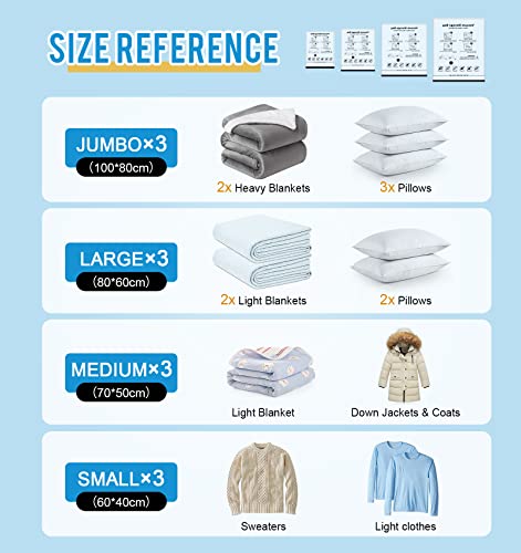 Vacuum Storage Bags 12-Pack (3 Jumbo, 3 Large, 3 Medium, 3 Small) Vacuum Sealer Bags for Bedding, Compression Space Bags for Comforters & Blankets, Space Saver Bags Clothing Storage Premium Thickerā¦