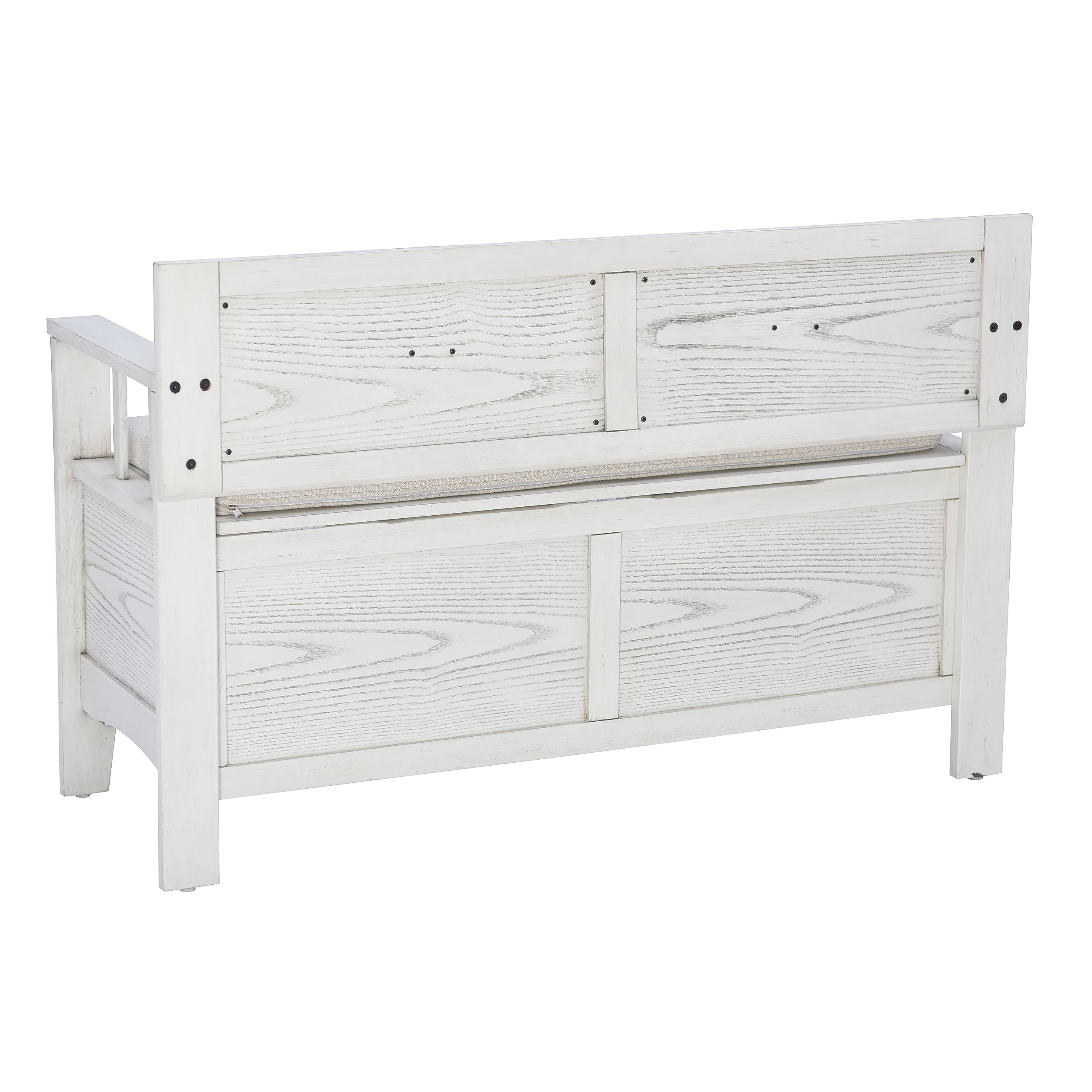 Linon Carlton White Storage Bench with Beige Upholstered Back and Cushioned Seat, Smokey Grey