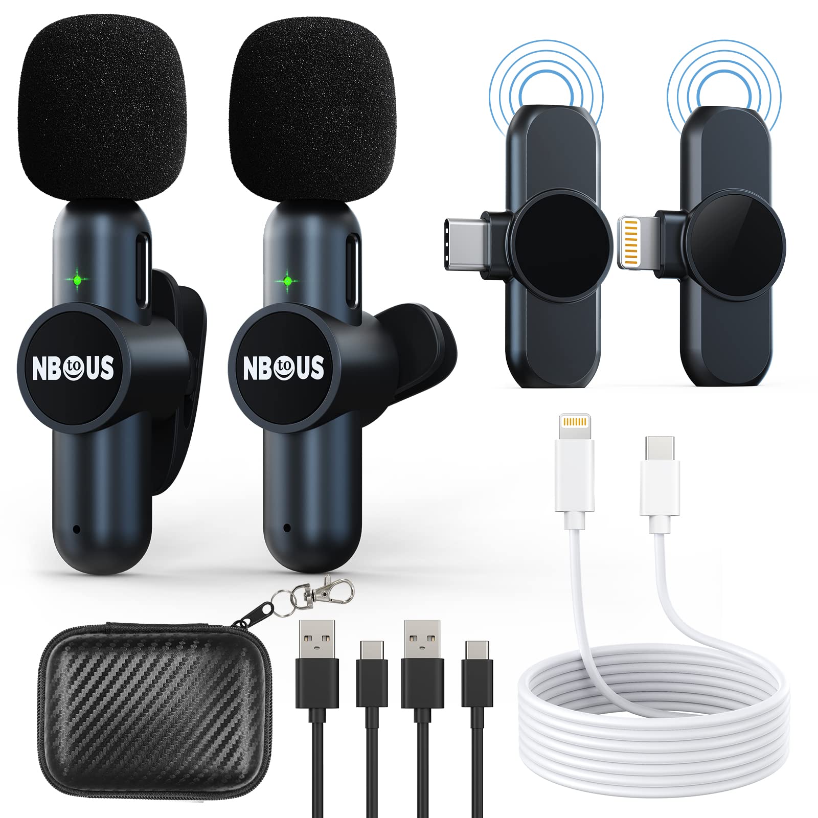 NBtoUS Wireless Professional Microphone for iPhone iPad, Android, (2 transmitters and 2 Receivers) 6H Working Time 65Feet for Video Plug-Play Lapel Microphone, TikTok, Facebook, YouTube