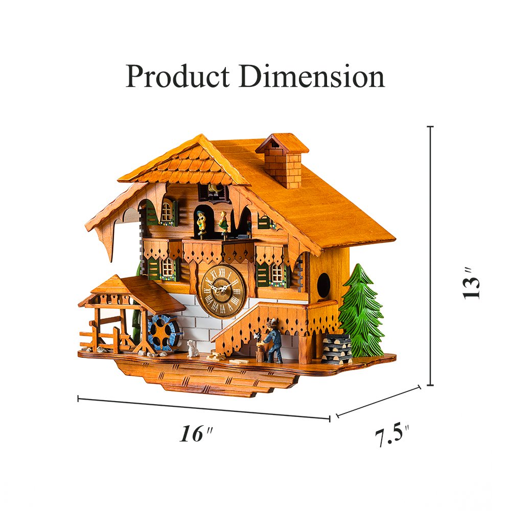 Kintrot Cuckoo Clock Black Forest Quartz Wall Clock Pendulum Movable Bird, Dancers, Watermill, Wood Chopper