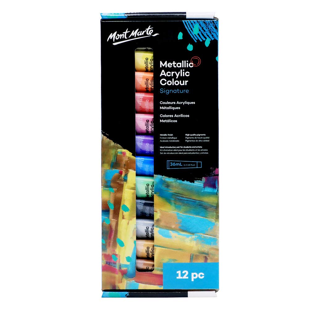 Mont Marte Premium Metallic Acrylic Paint Set, 36 x 1.02oz (36ml) Tubes, 36 Colors, Suitable for Most Surfaces Including Canvas, Card, Paper and Wood