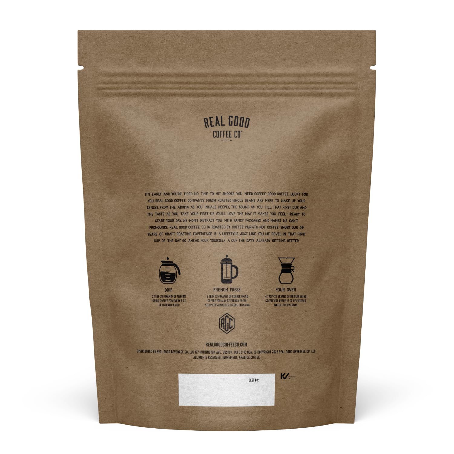 Real Good Coffee Company - Whole Bean Coffee - Decaf Medium Roast Coffee Beans - 2 Pound Bag - 100% Whole Arabica Beans - Grind at Home, Brew How You Like