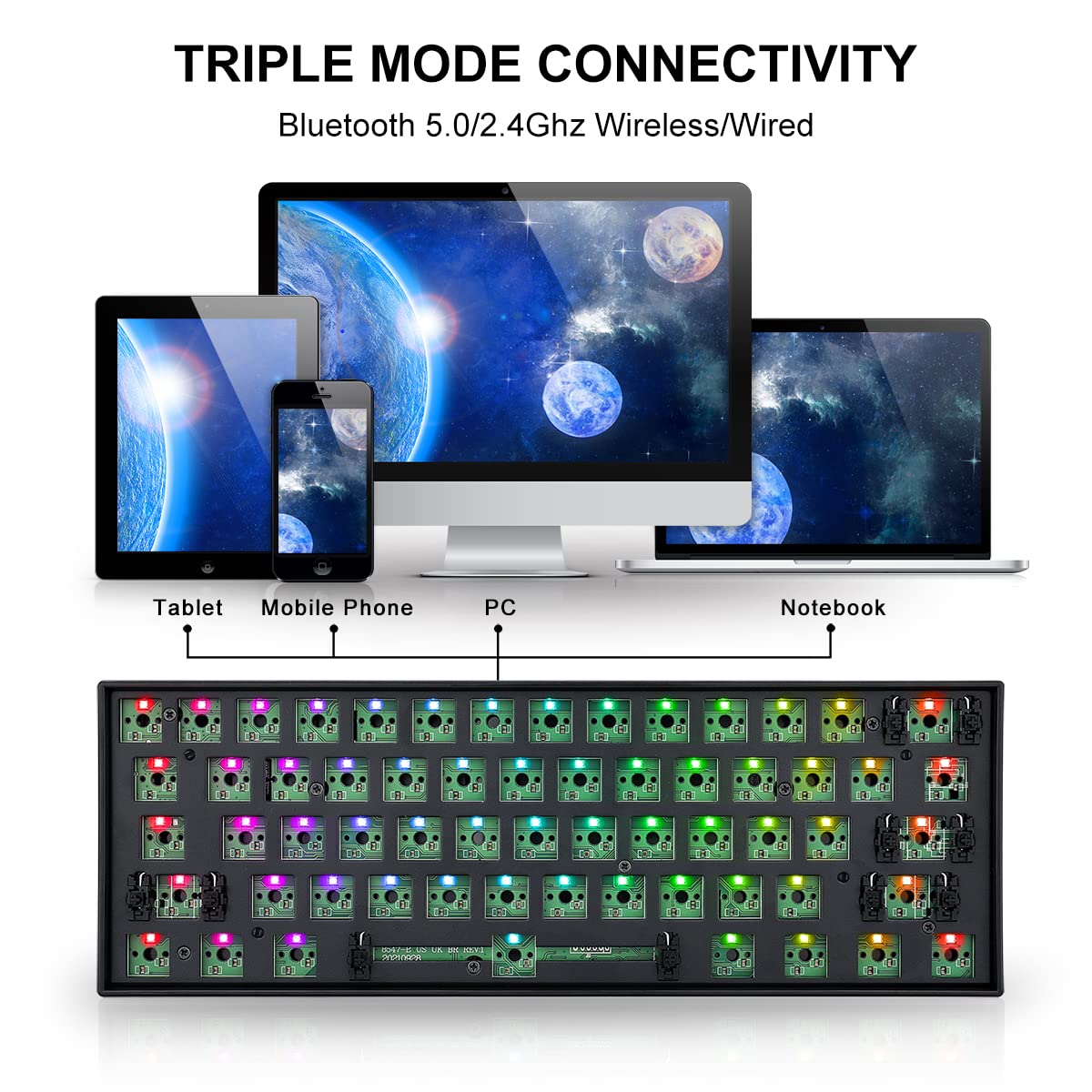 Redragon BBK530 Pro Custom Gaming Mechanical Keyboard Kit – 60% 61 Keys DIY RGB Modular Keyboard – Barebones Compact Keyboard HOT SWAPPABLE 3pin/5pin Switch, Support Bluetooth 5.0/USB-C Wired/2.4GHz