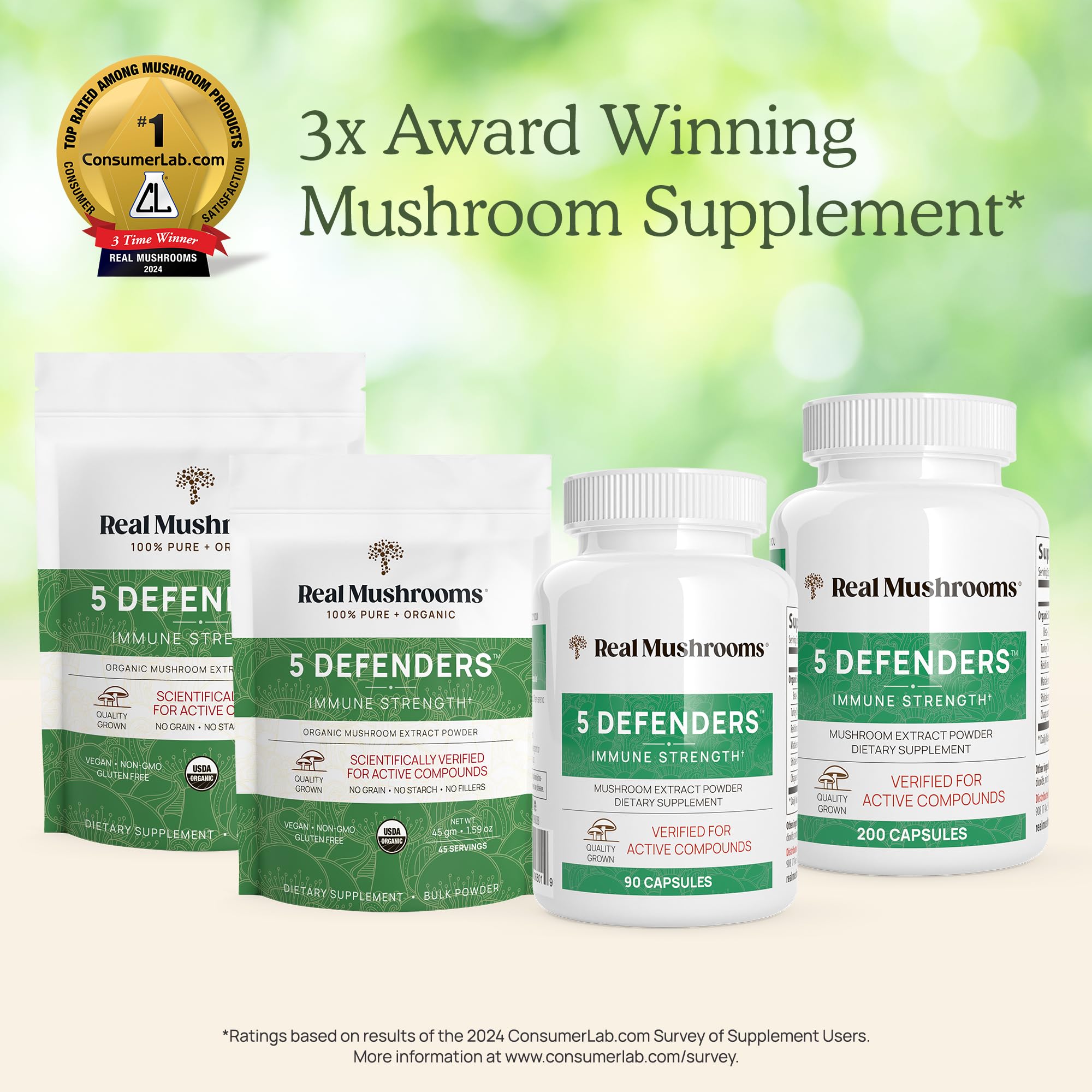Real Mushrooms 5 Defenders Capsules - Organic Mushroom Extract w/ Chaga, Shiitake, Maitake, Turkey Tail, & Reishi - Mushroom Supplement - Vegan, Non-GMO, 90 Caps