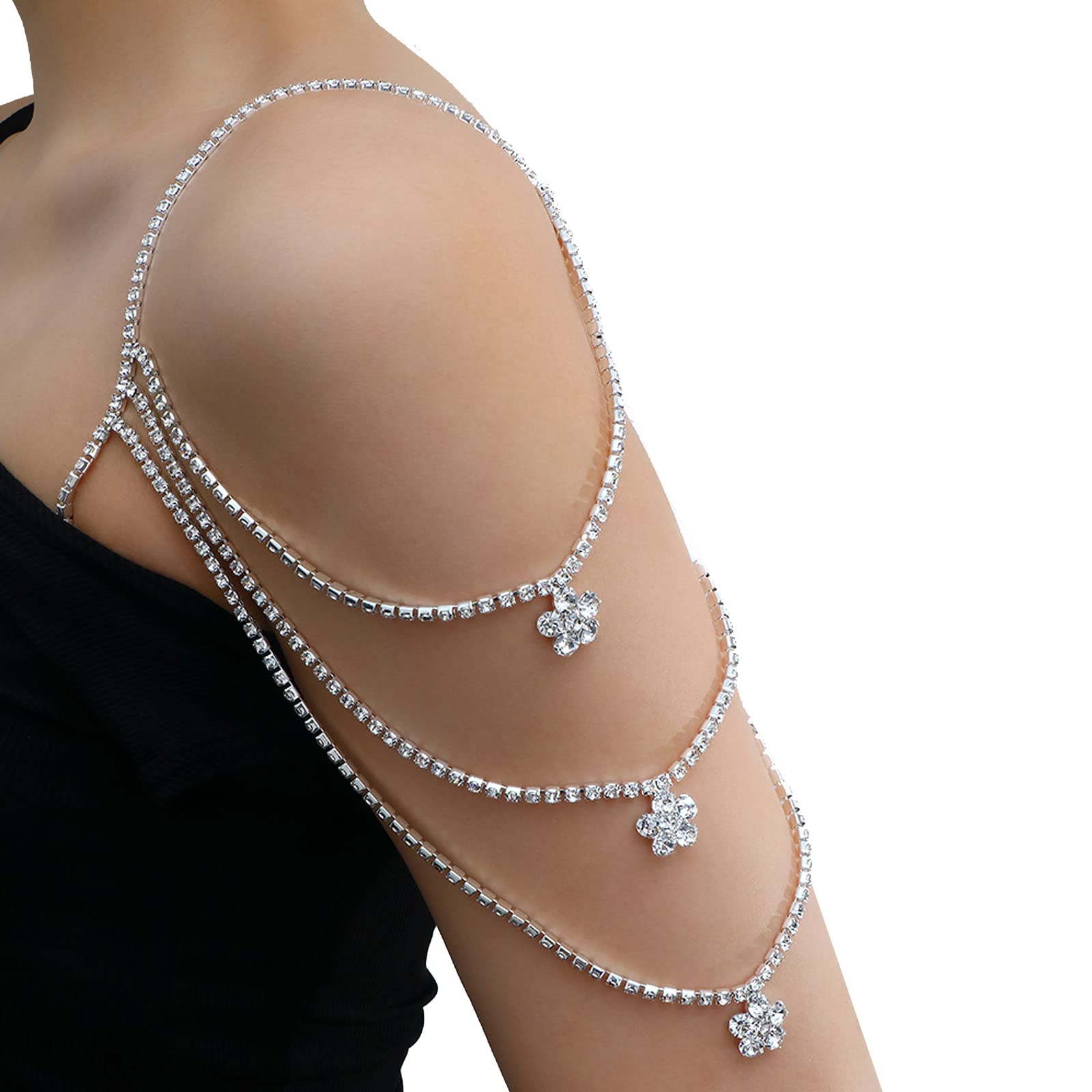 Rhinestone Flower Shoulder Chain Layered Upper Arm Chain Bracelet Bridal Wedding Multilayer Tassel Shoulder Chain Summer Bikini Body Chain for Women (Silver)