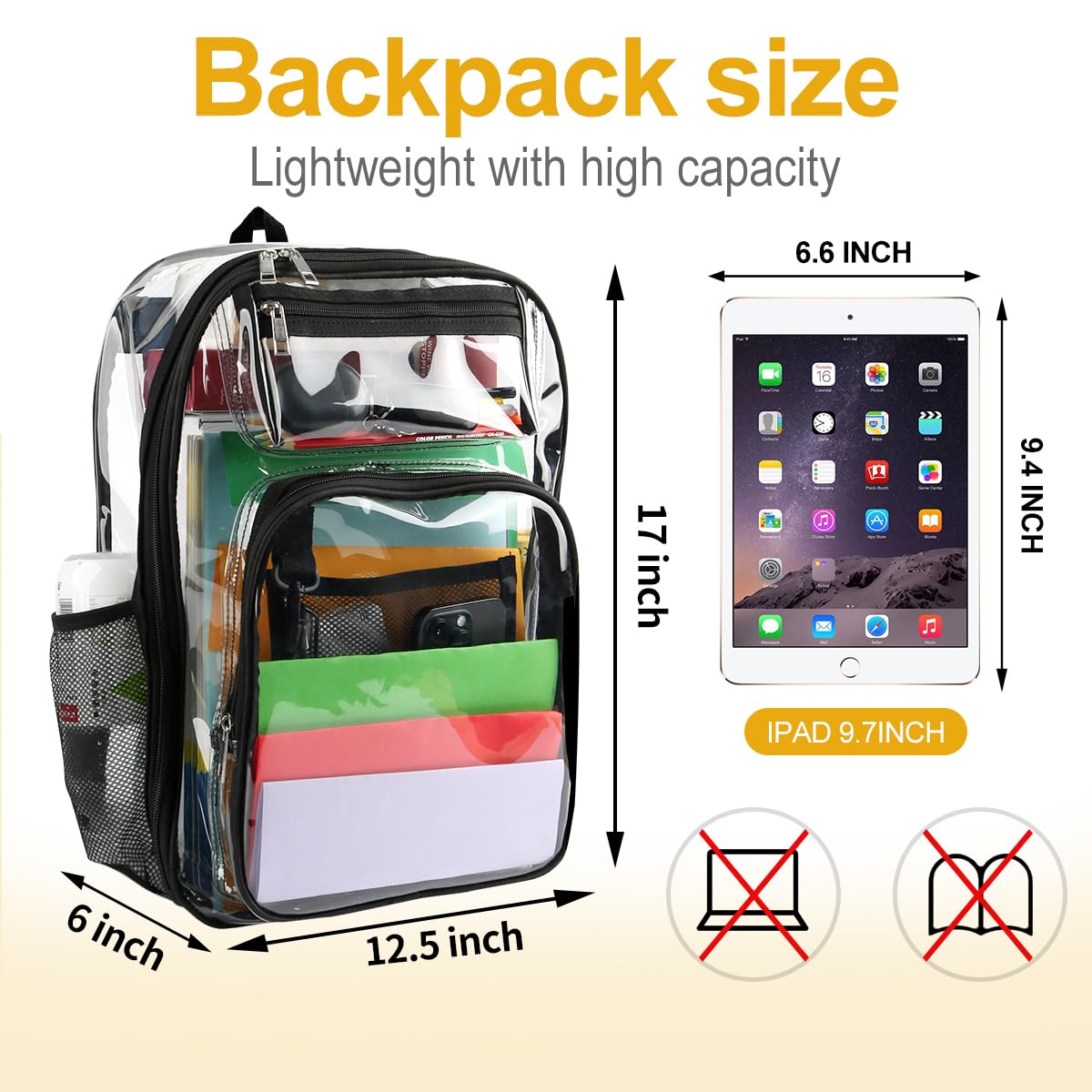 LEUCOTHEA Clear Backpack - Heavy Duty PVC Transparent Backpack for Adults, See Through With Reinforced Straps Backpack Clear Bookbag for School Sports Work Travel College Black Clear Backpack