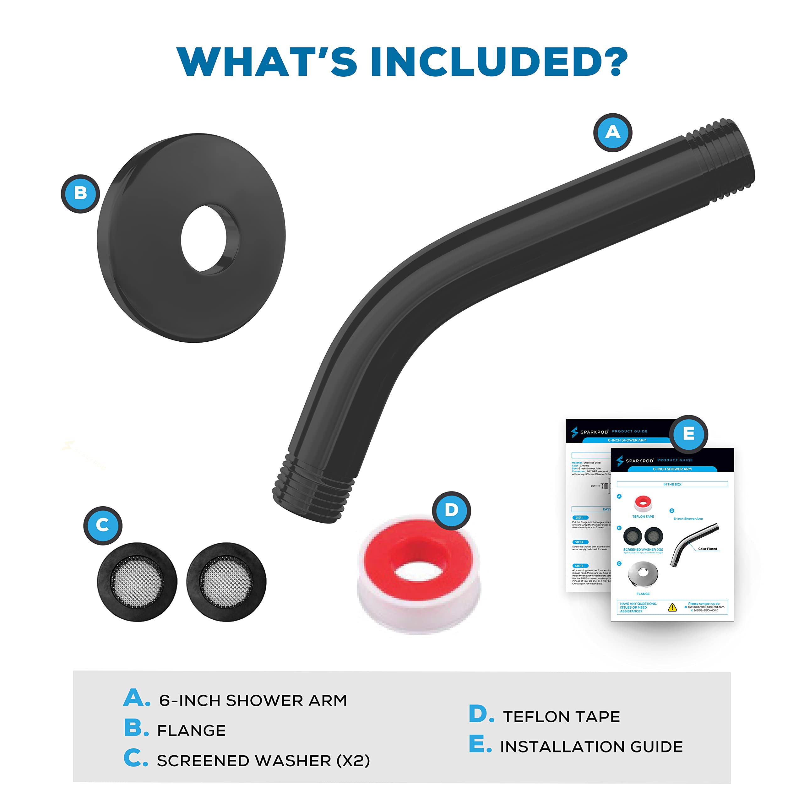 SparkPod 6 Inch Shower Arm with Flange - Solid Stainless Steel Shower Head Extension Arm, Wall-Mounted for Fixed & Handheld Showerheads - Teflon Tape Included (Standard 6", Midnight Black Matte)