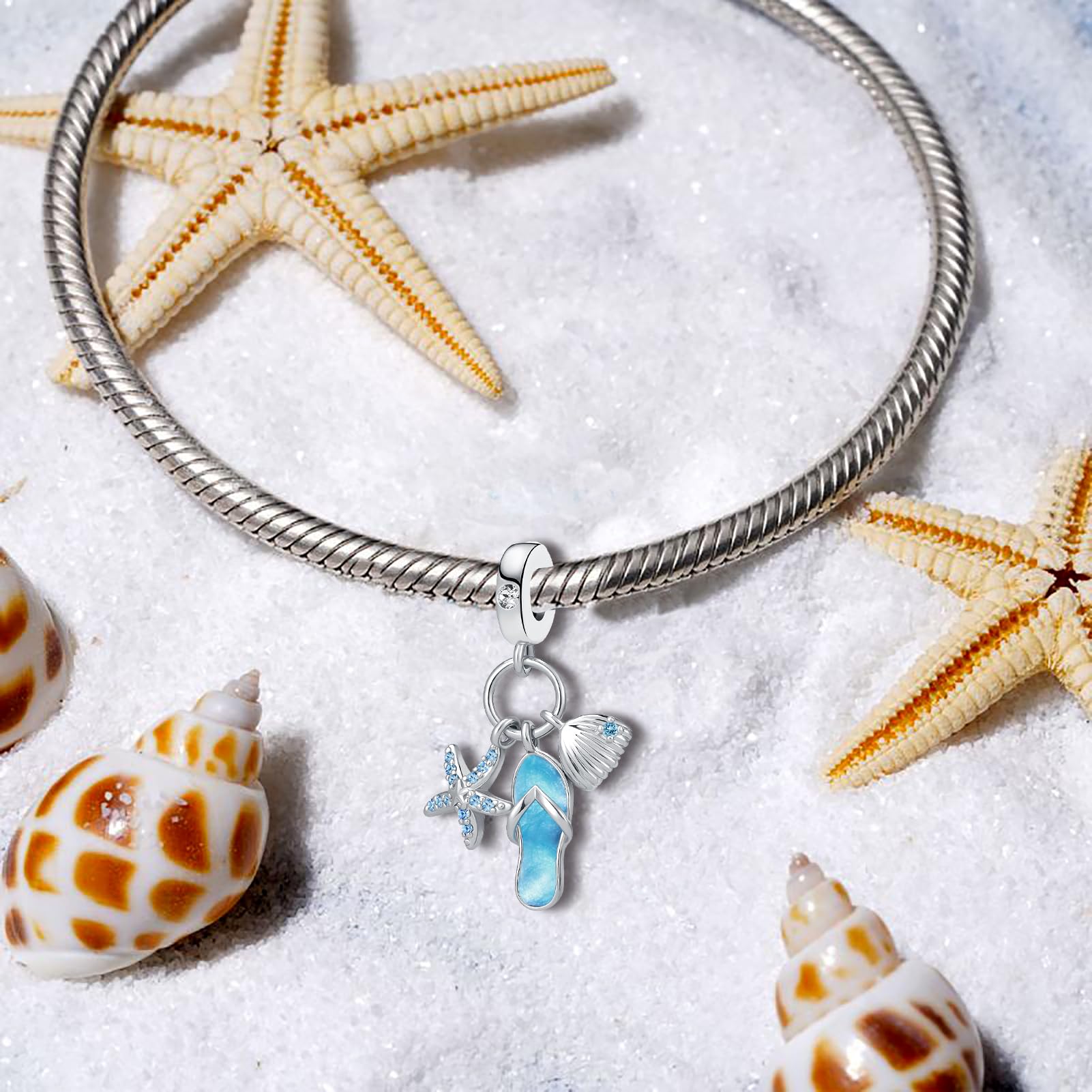 LuxglitterLin Beach Flip Flop Slipper Charm Starfish Sea Shell Bule Enamel Bead for Pandora Bracelets, Aut-42_Ocean
