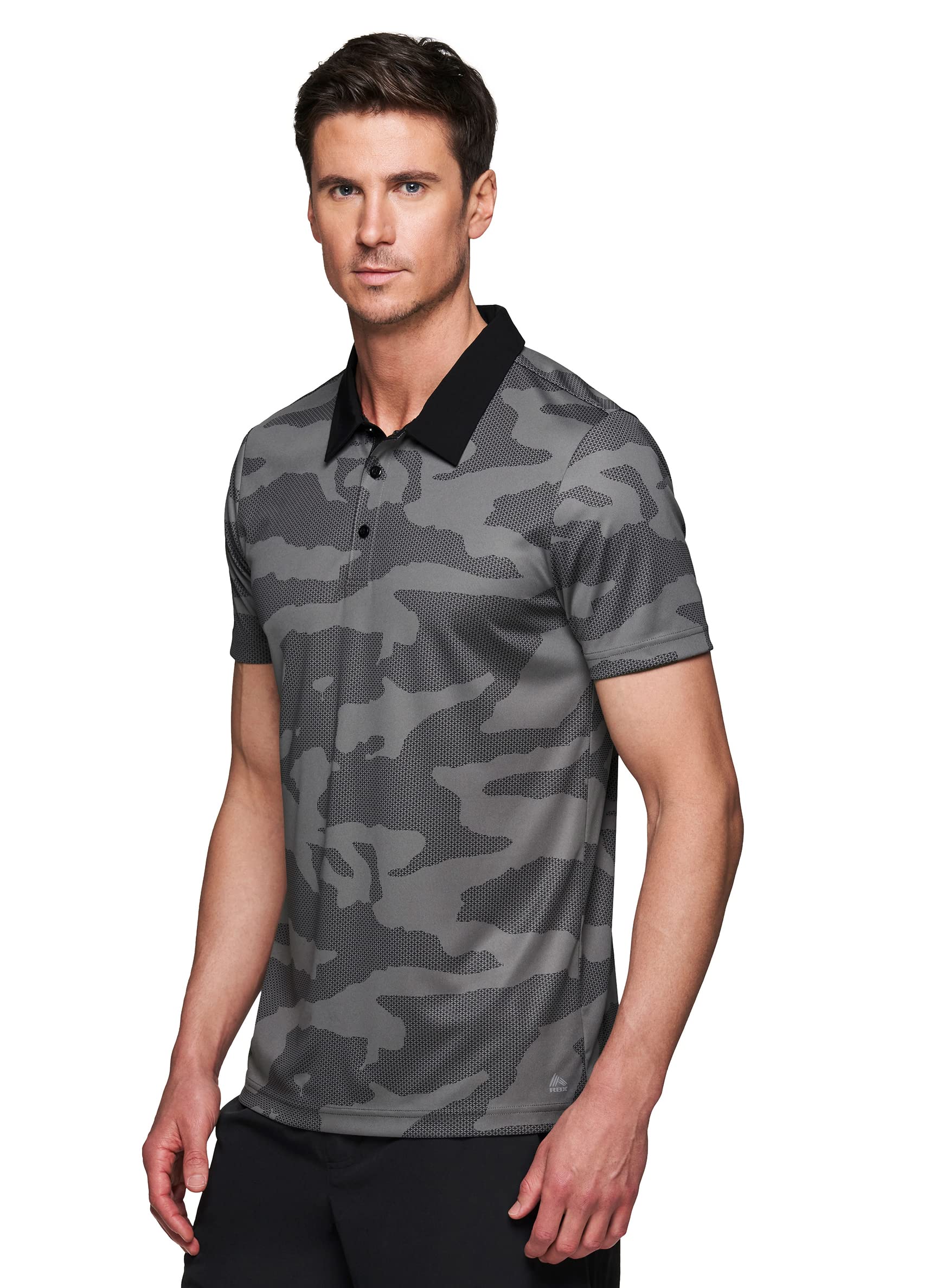 RBX Active Men's Golf Shirt Collared Short Sleeve Quick Dry T-Shirt Grid Camo Grey L